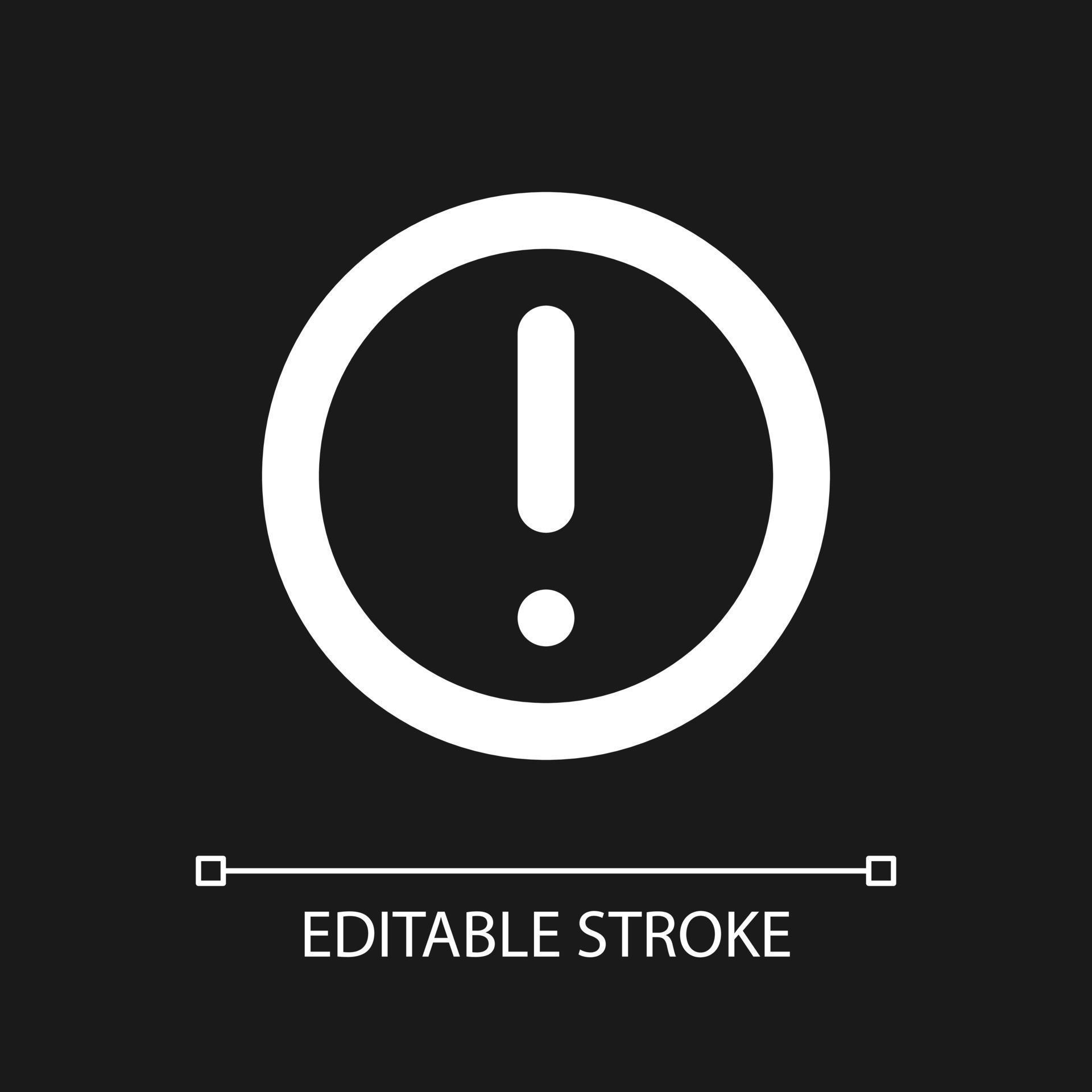 Circular shaped exclamation mark pixel perfect white linear ui icon for dark theme. Notification ...