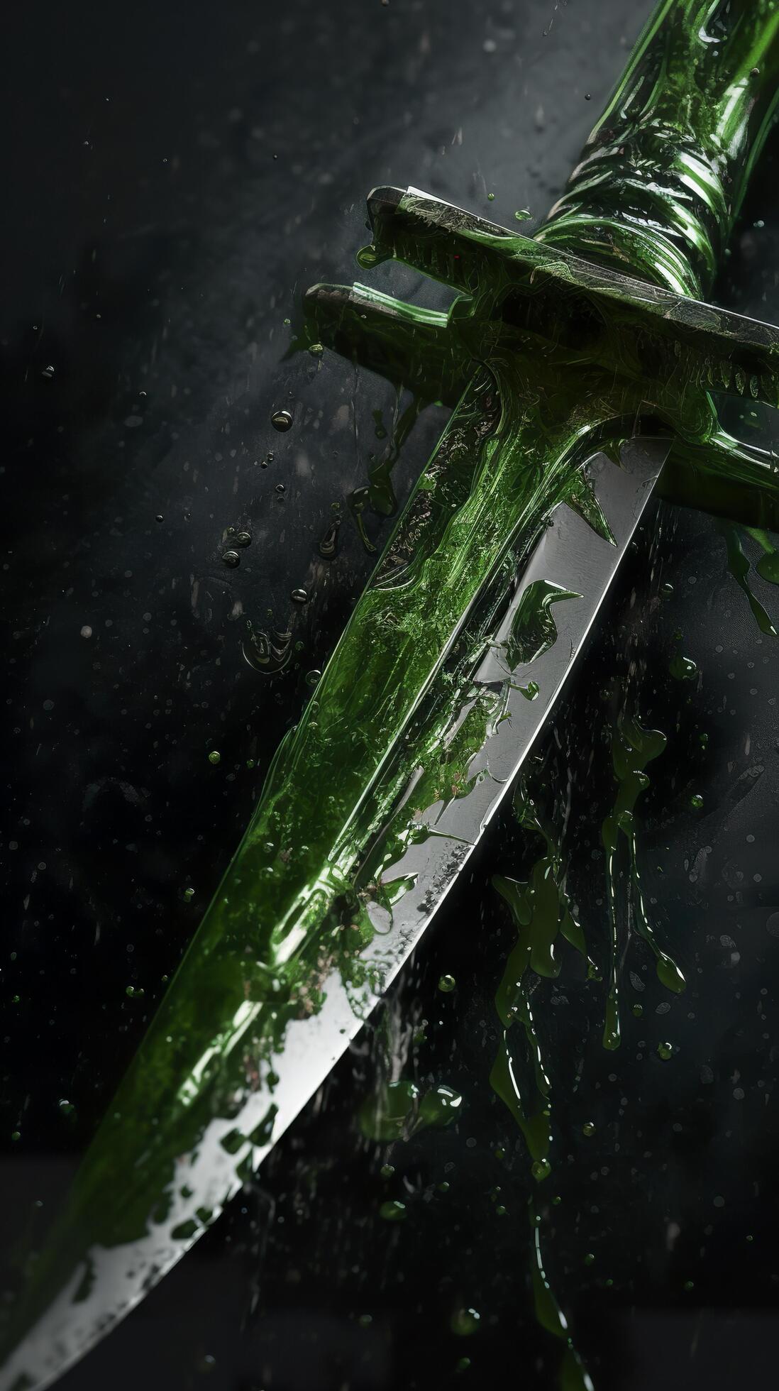 a large picture of a green sword, in the style of melting, dark themes, michal lisowski, uhd ...