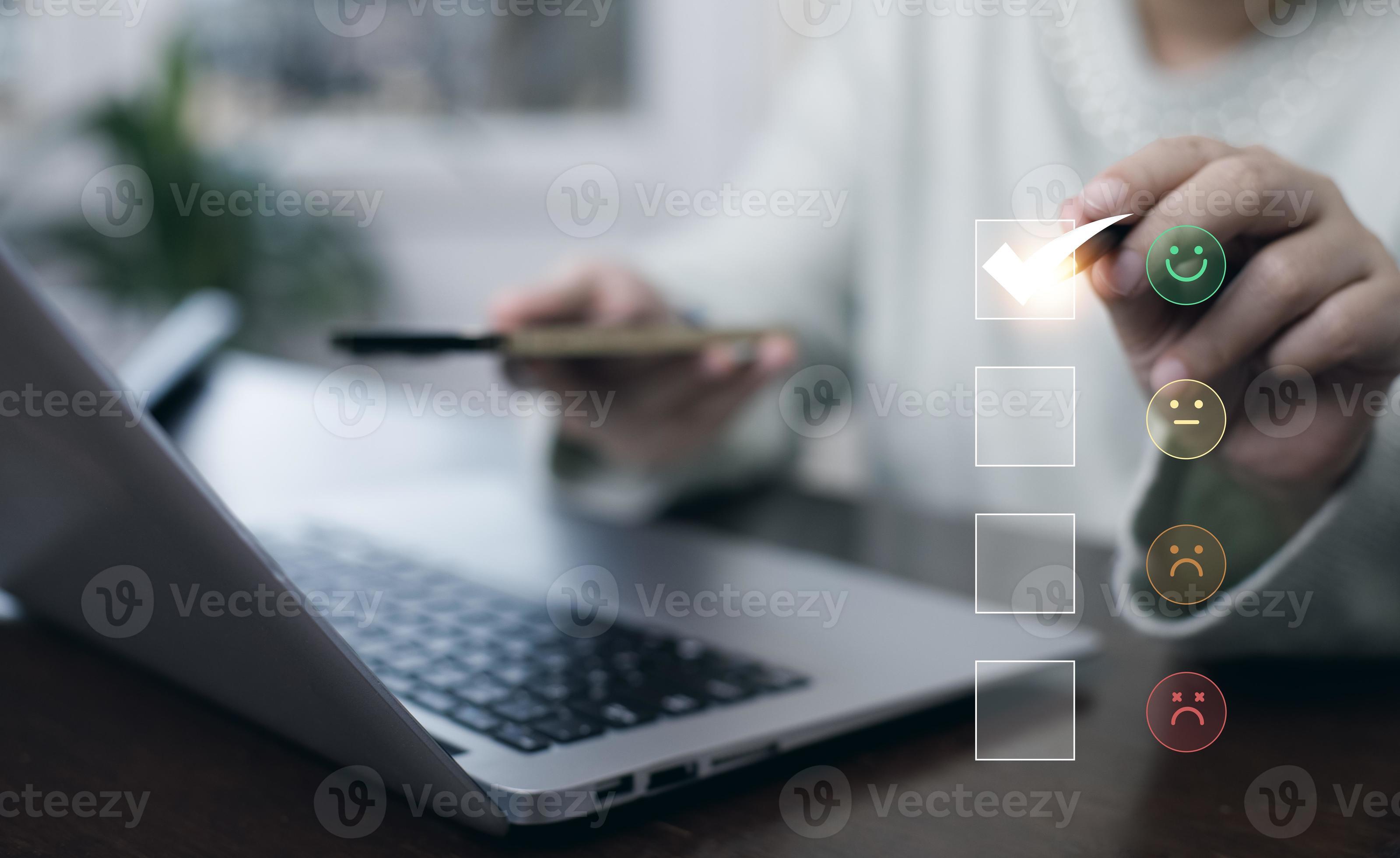 Woman pressing smile on laptop keyboard customer service, evaluation ...