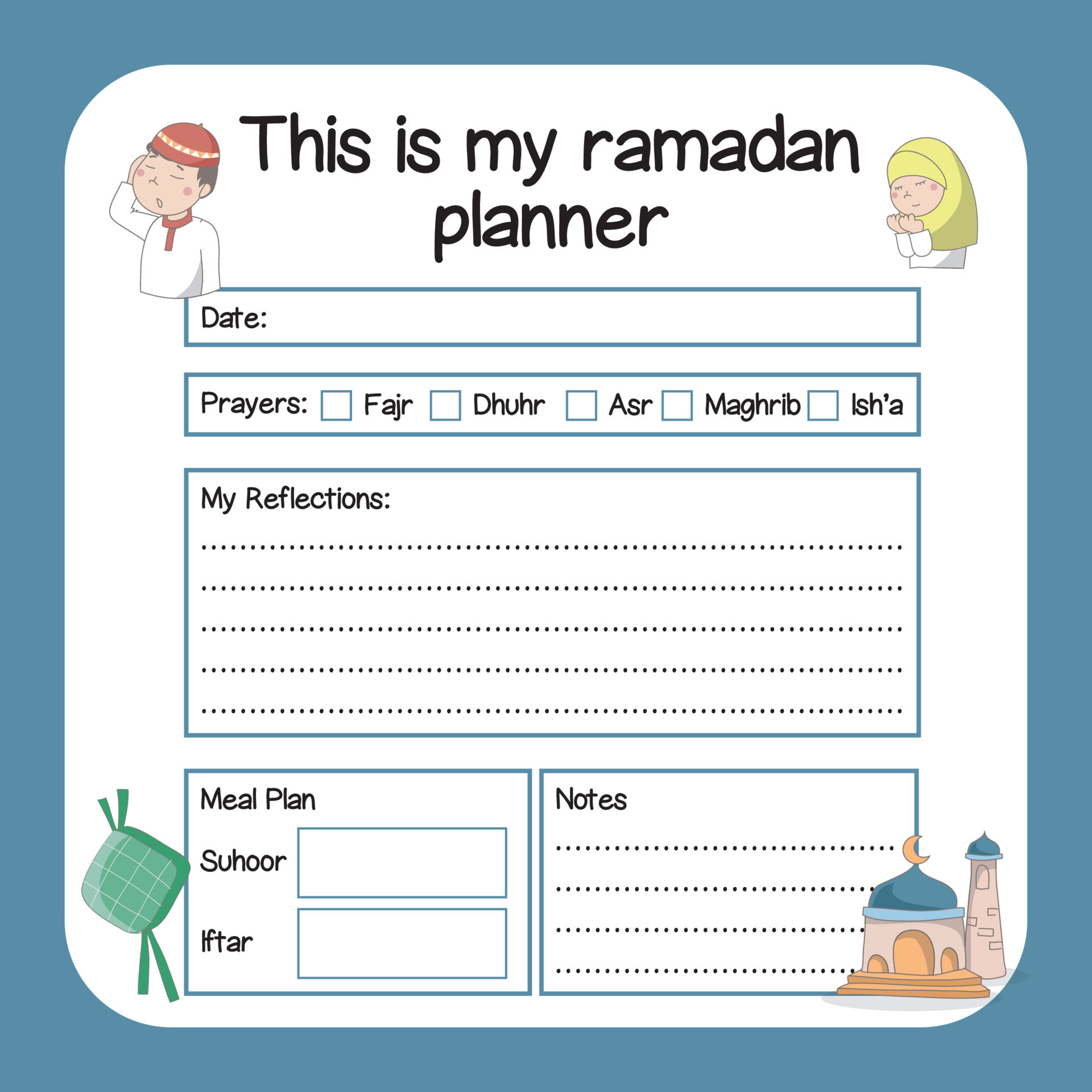 Ramadan planner for children. Islamic planner for kids. Cute worksheet. 22749128 Vector Art at ...