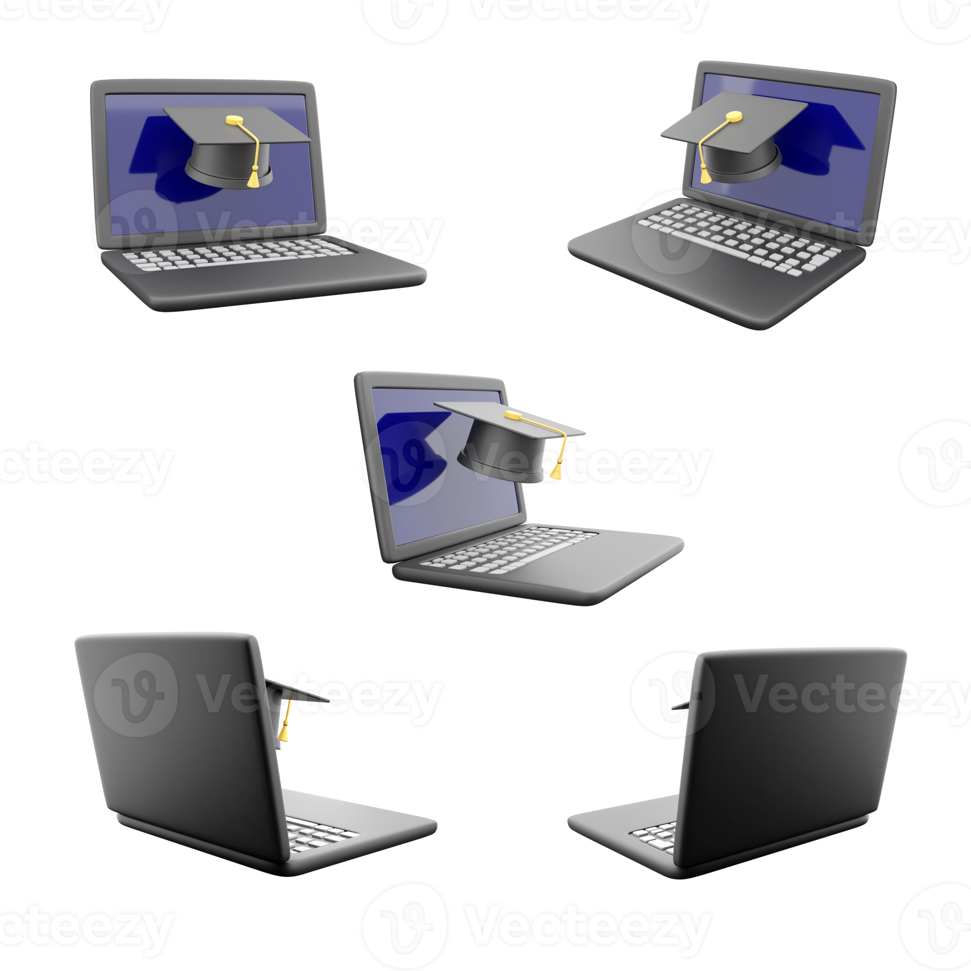 3d rendering notebook with graduation cap icon set. 3d render laptop ...