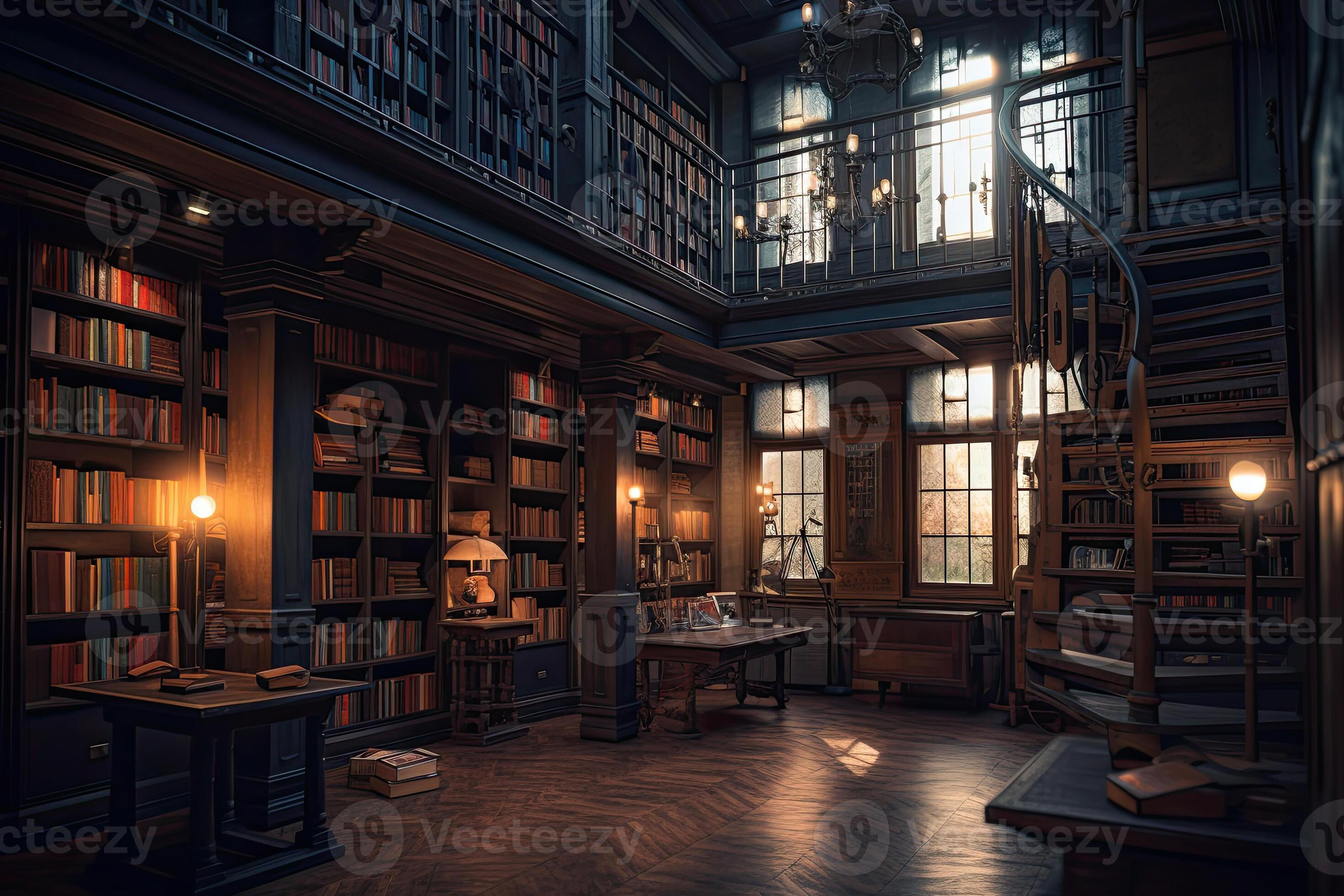 Interior of library with many bookshelves. Rows of cabinets with old books in library. Knowledge ...