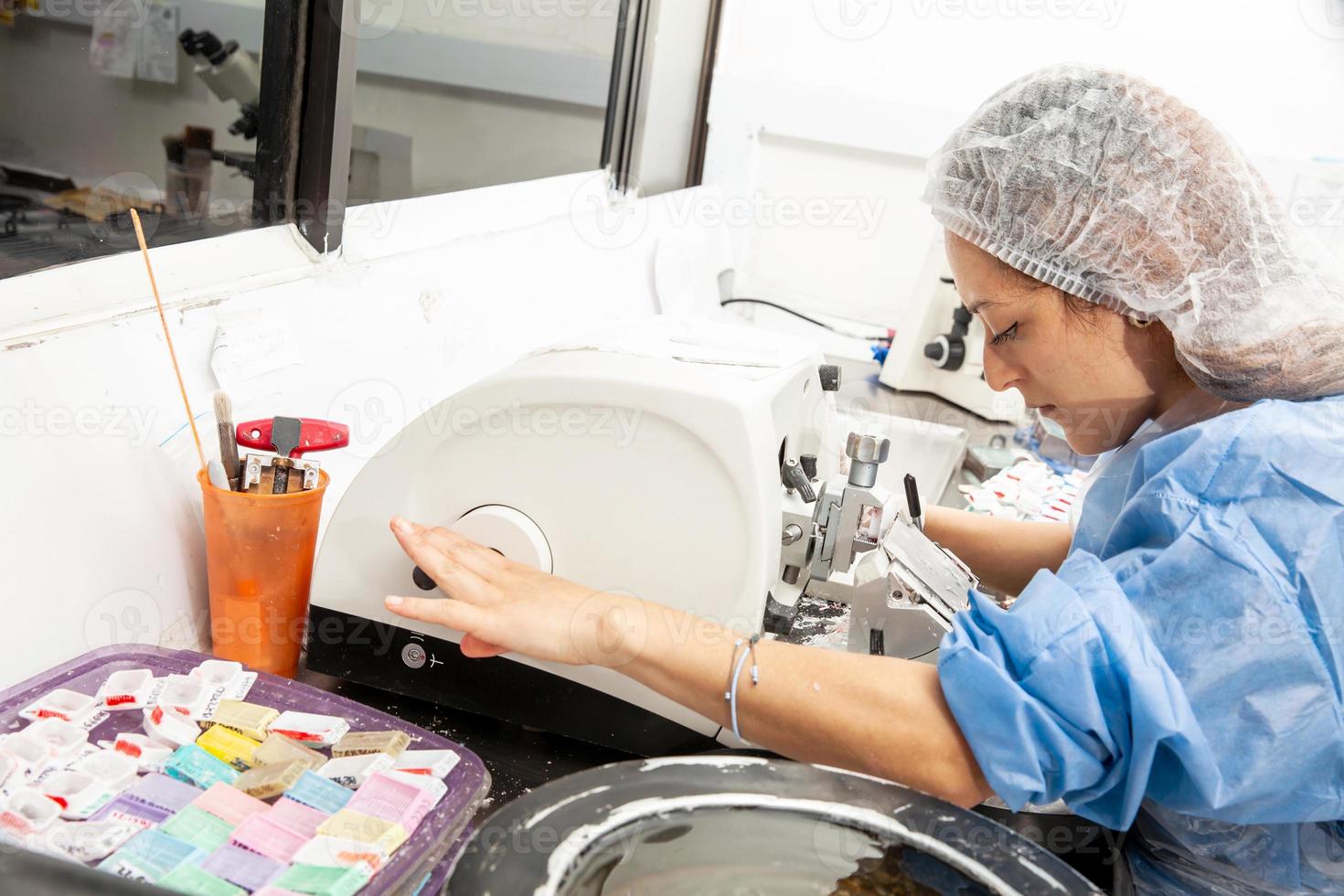 Young female scientist works on a rotary microtome to obtain sections ... Young female scientist works on a rotary microtome to obtain sections ...