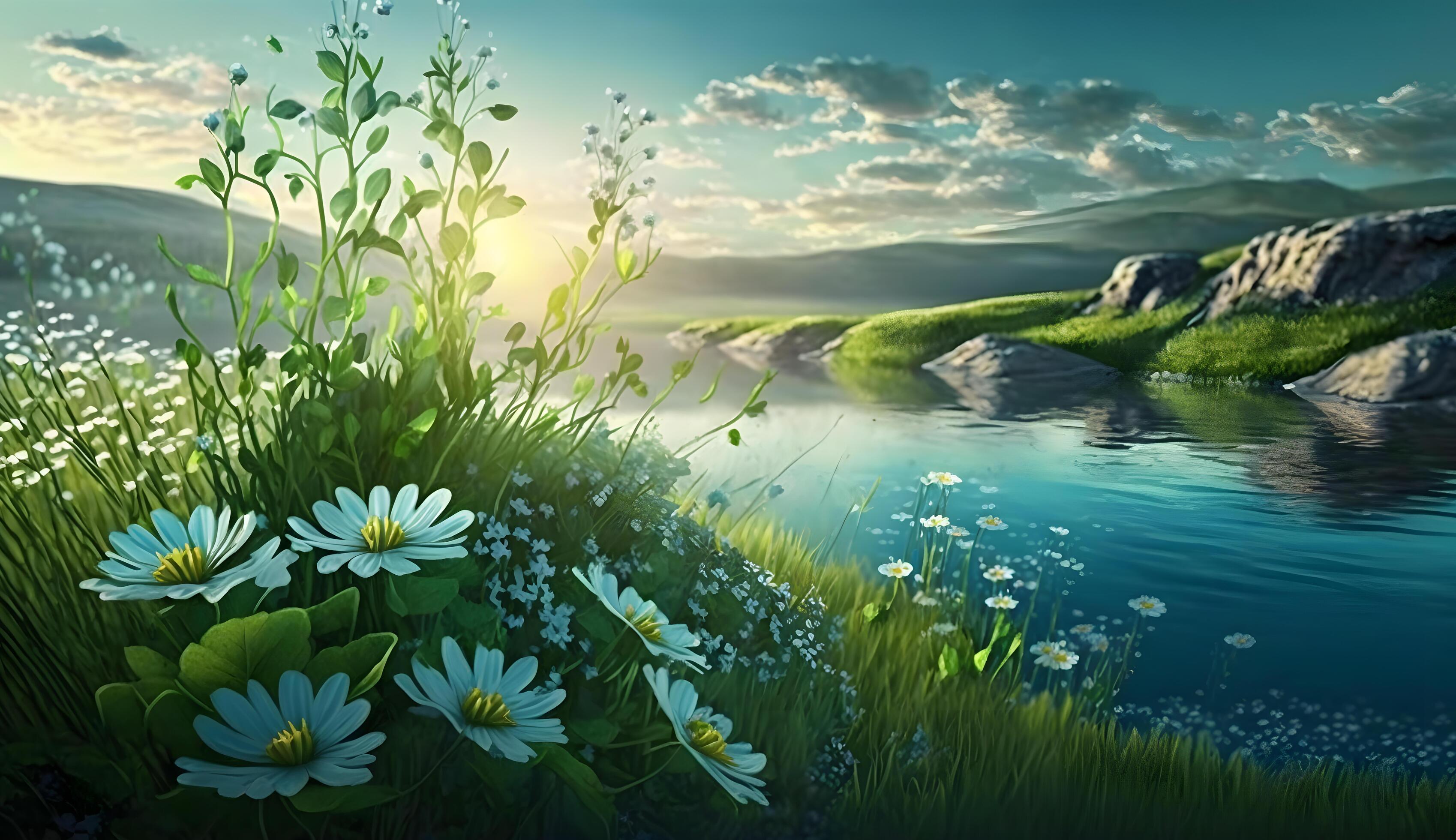 Early morning scenery flowers blooming green grass, spring concept ...