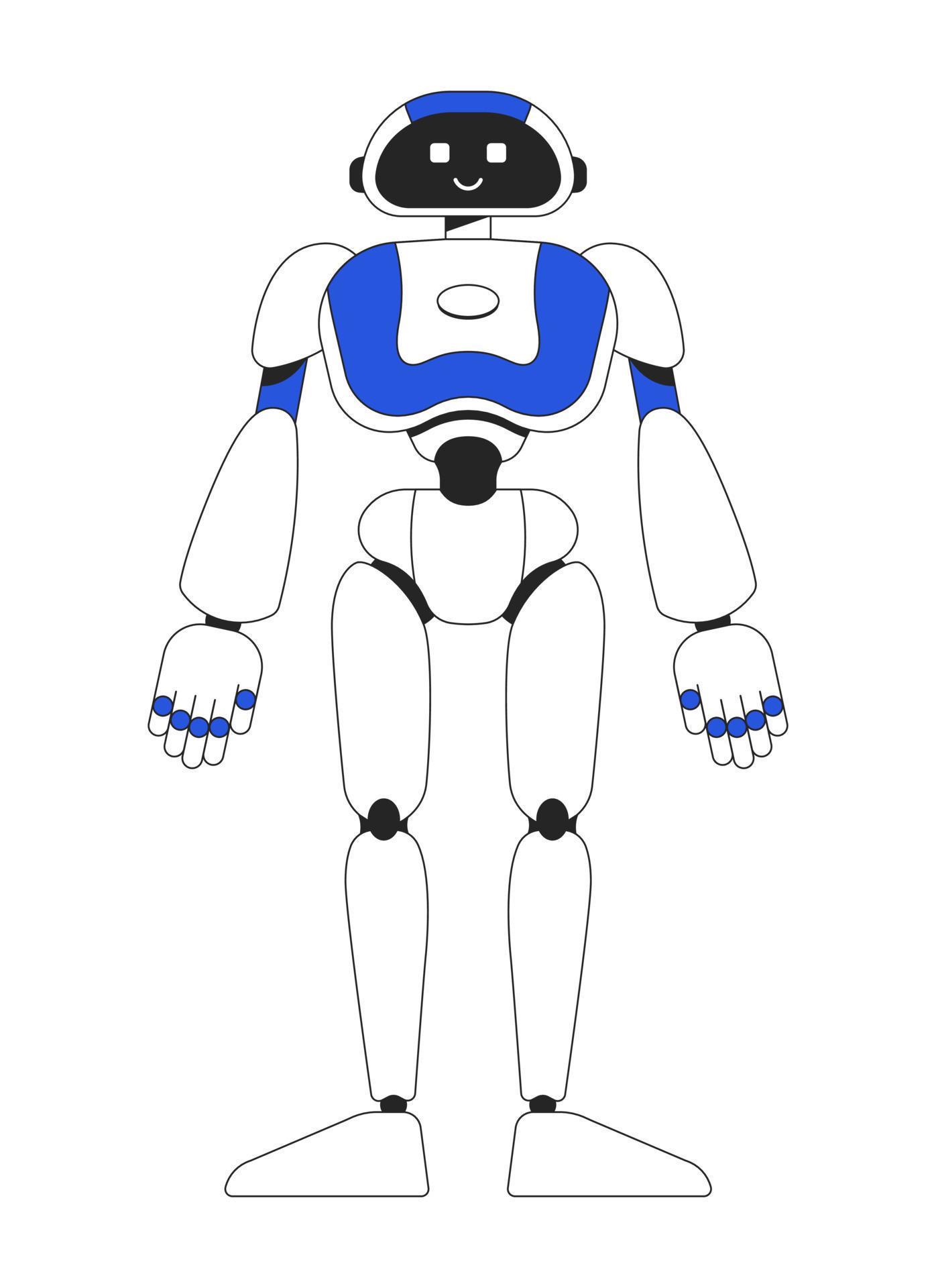 Standing humanoid robot with smile linear flat color vector character ...
