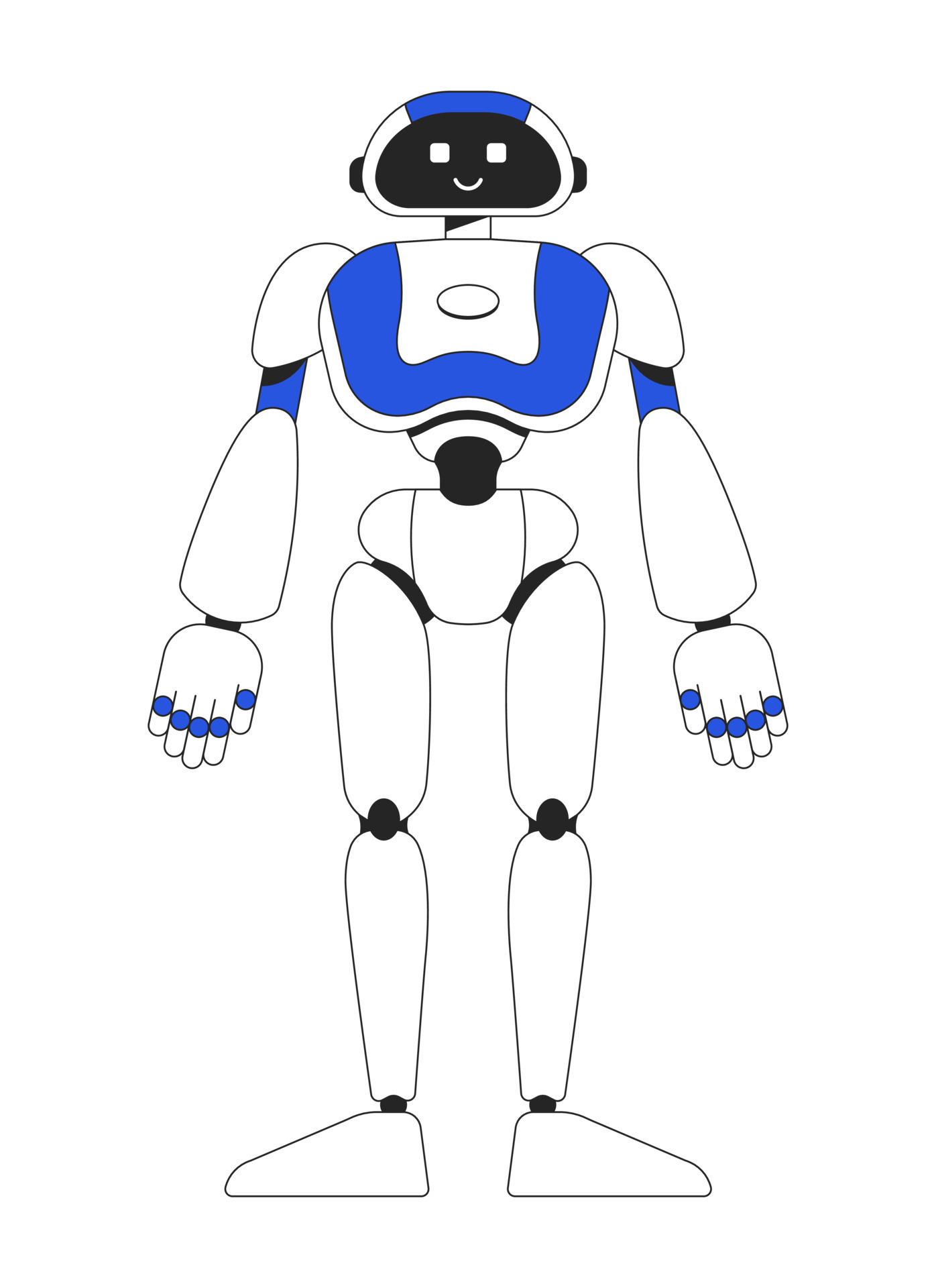 Standing humanoid robot with smile linear flat color vector character ...