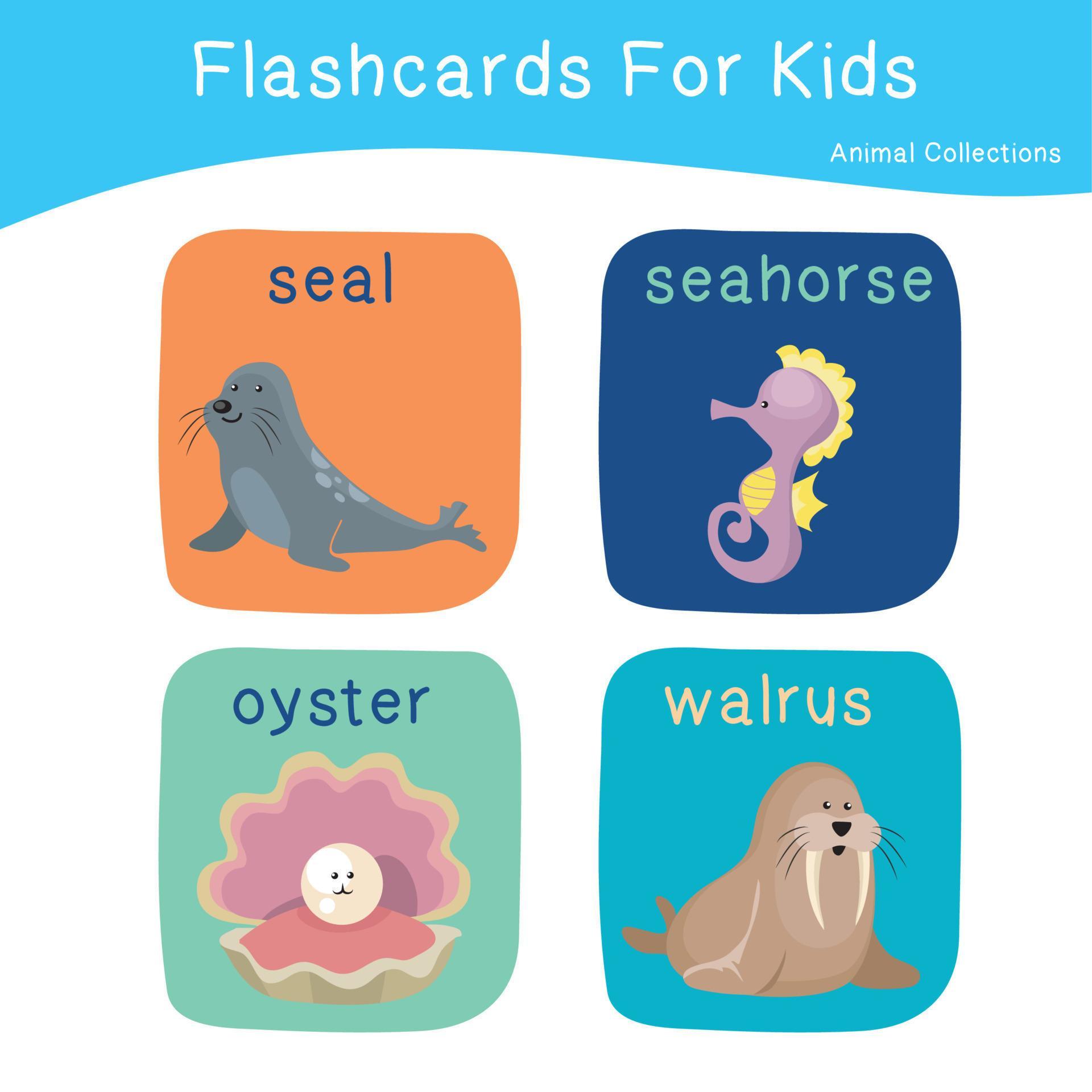 Cute animal flashcards collection. English name with cartoon animals ...