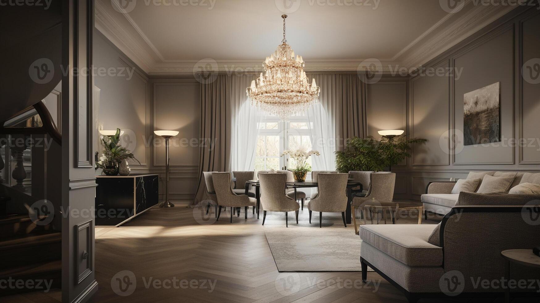 Modern living room interior design with classic furniture, artwork ...