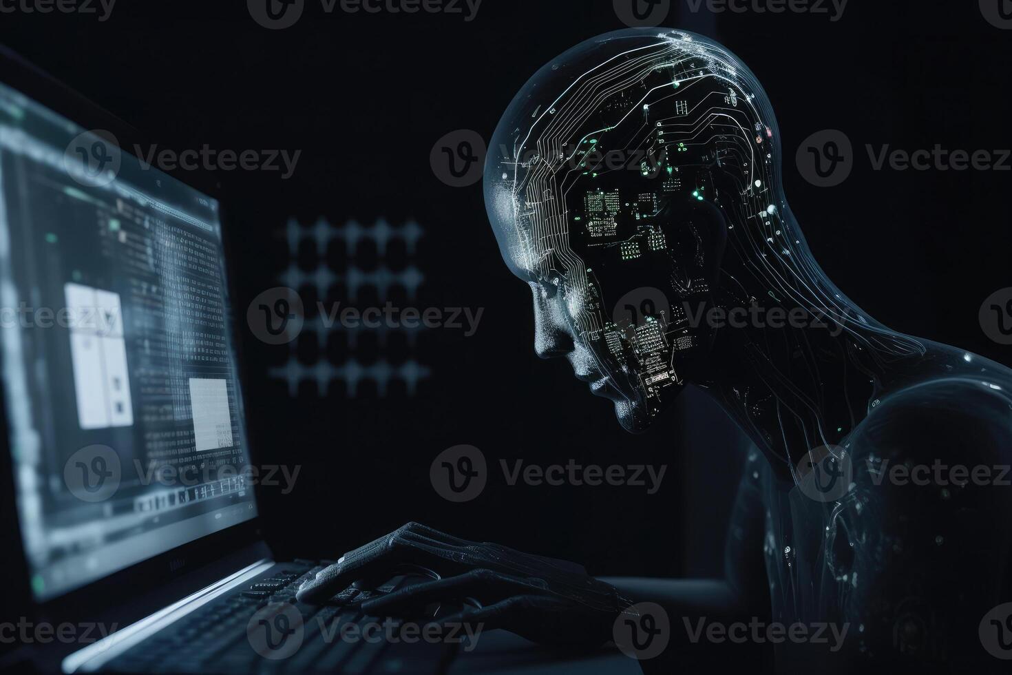 Machine learning. Artificial intelligence robot on futuristic ...