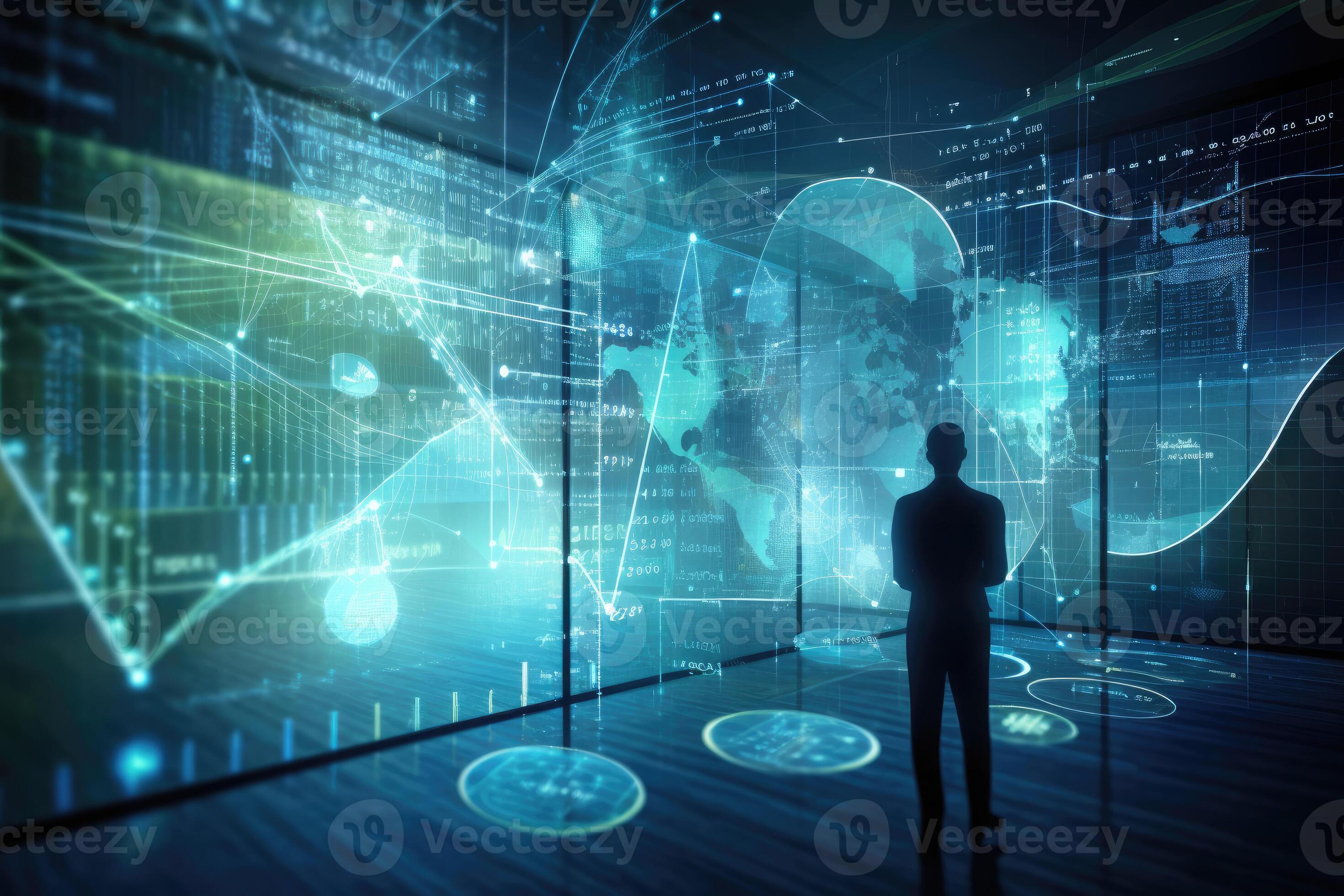 Digital graphs, glowing lines and diagram on screen. Big data analytics ...