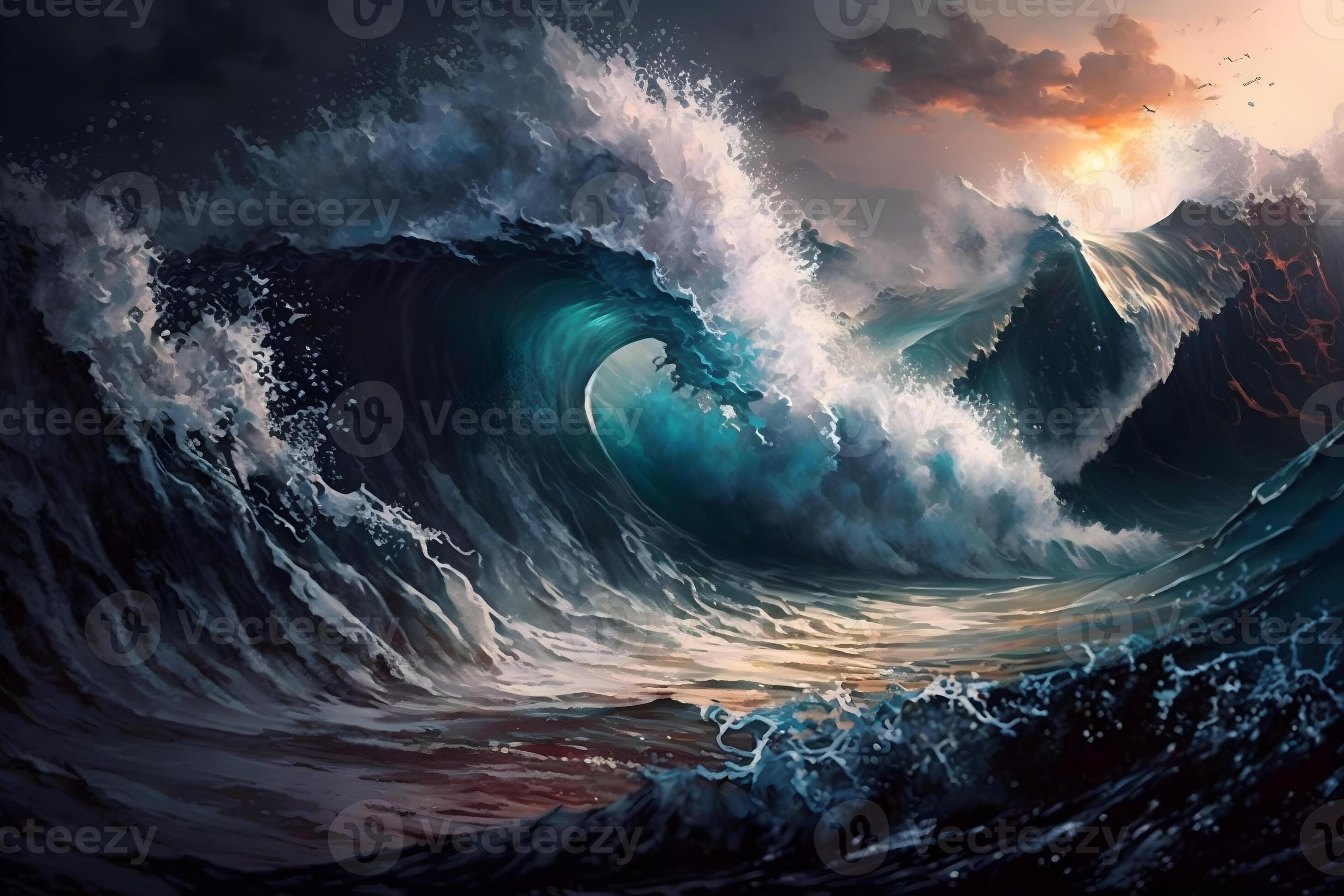 beautiful Ocean waves closeup view. different styles, paper cut ...