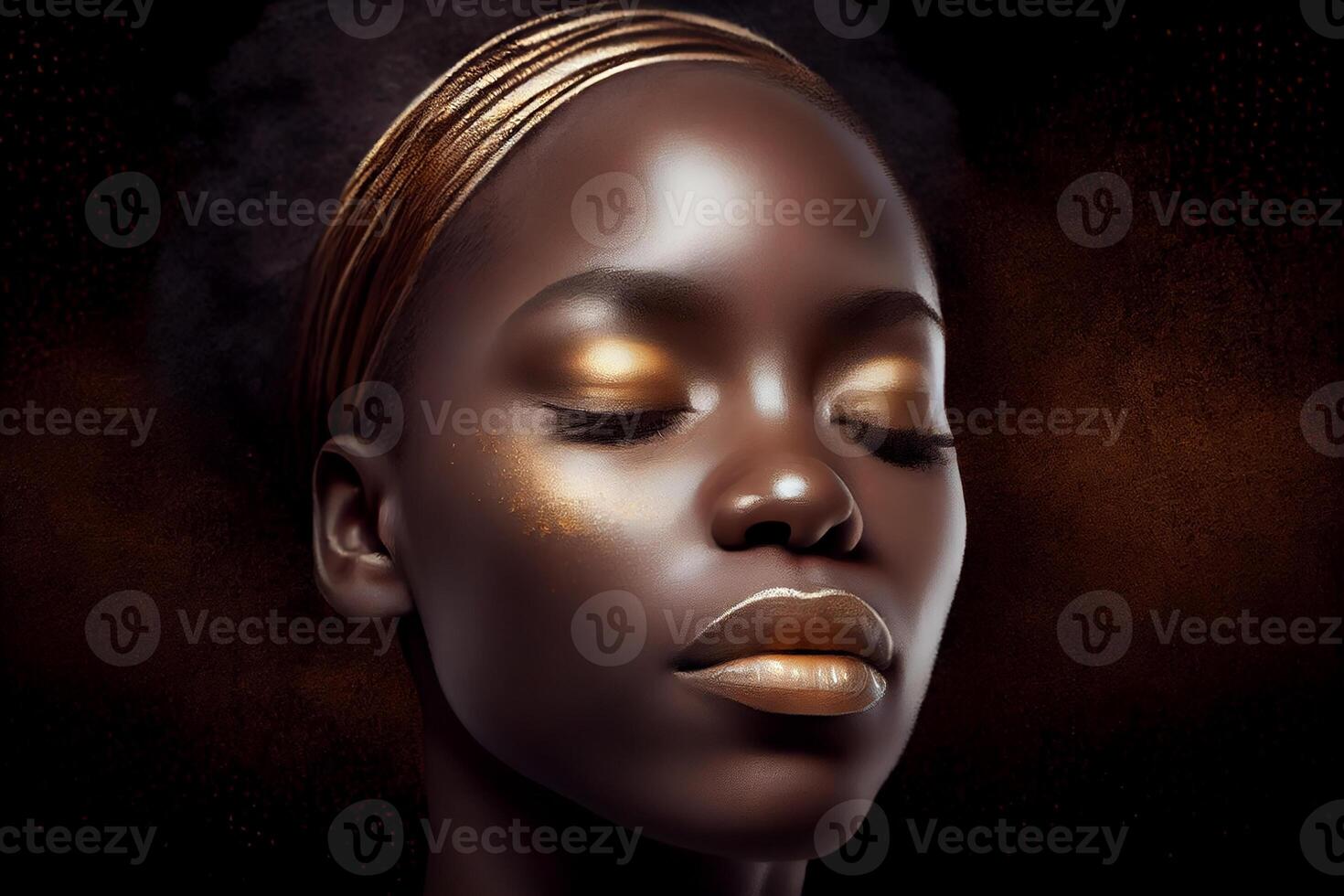 African Woman A Dark Skinned Woman With Golden Makeup Art Portrait