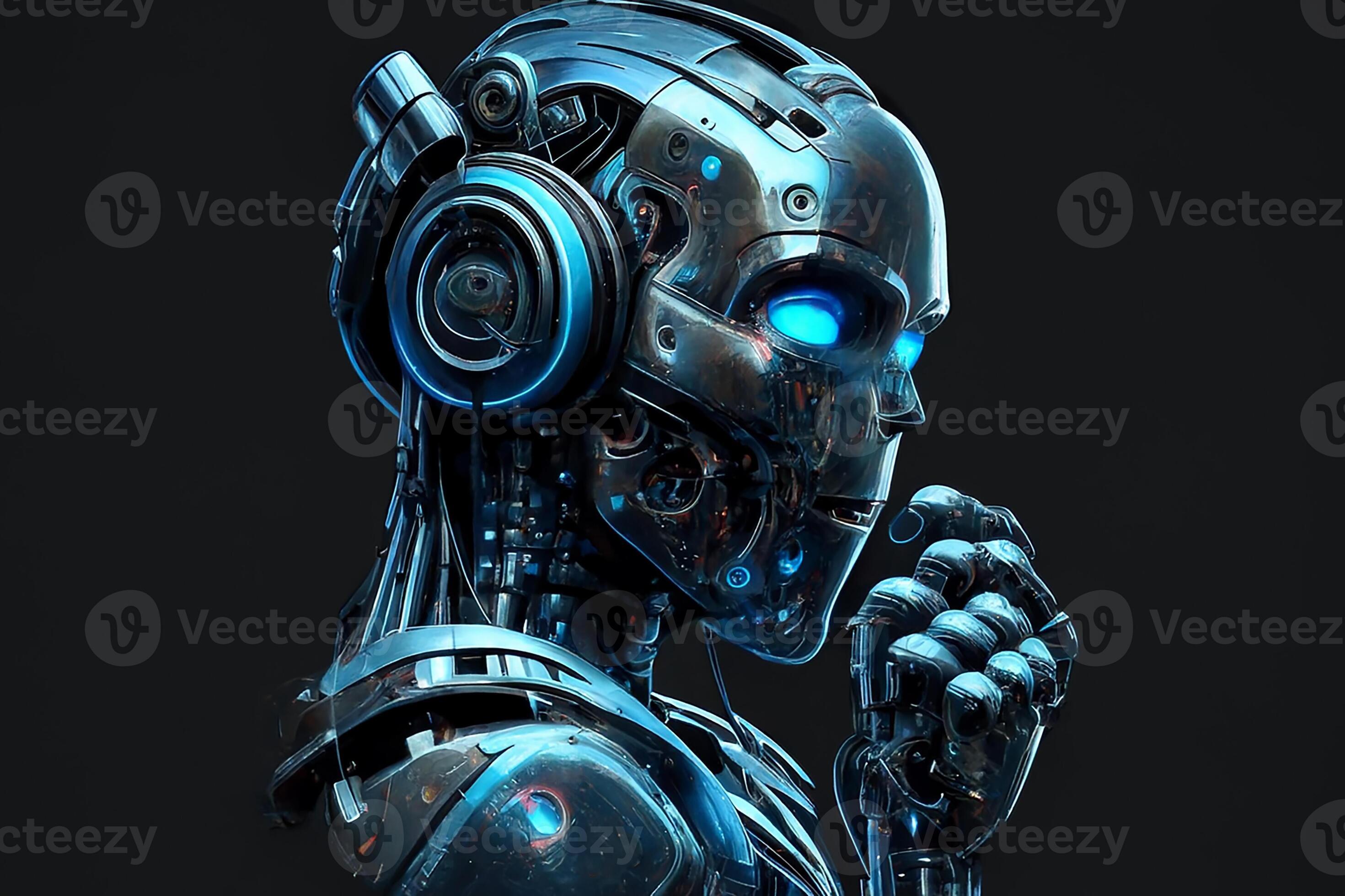 Artificial intelligence, a thinking robot in neon colors on a black ...