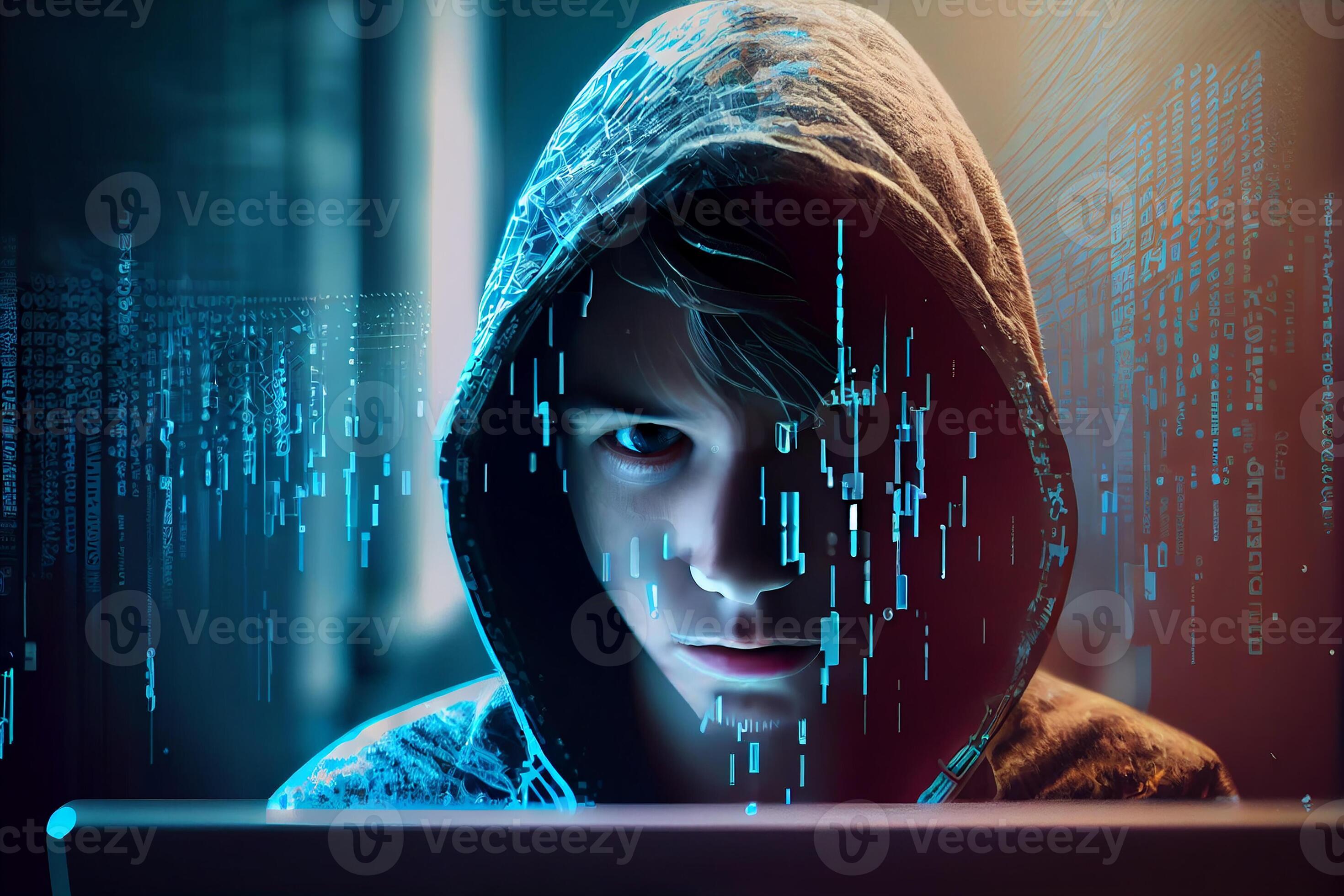 A teenage, young hacker at the computer in a neon glow. 22771769 Stock ...