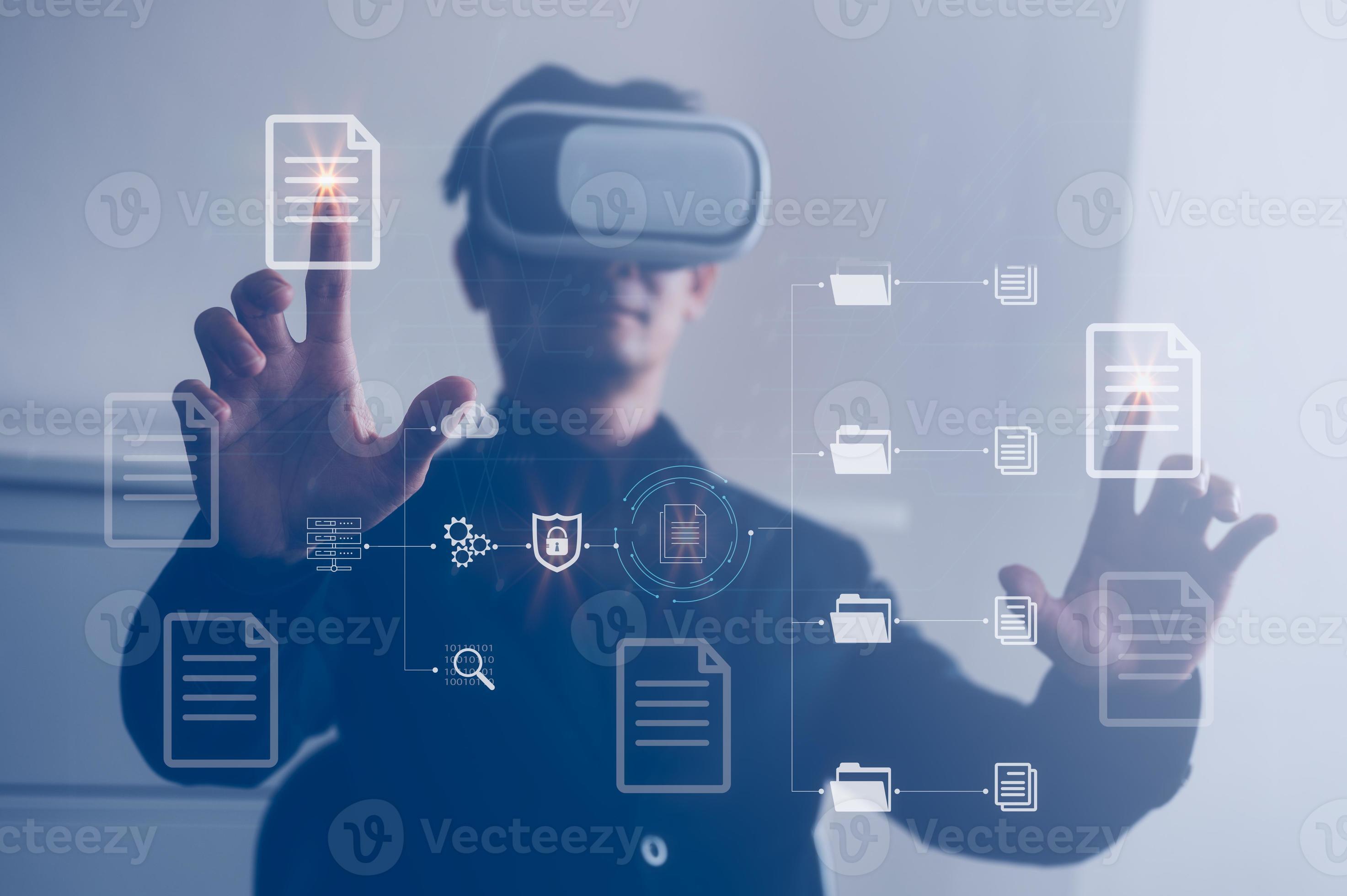 digital technology internet connection, man wearing VR glasses working with virtual Global ...