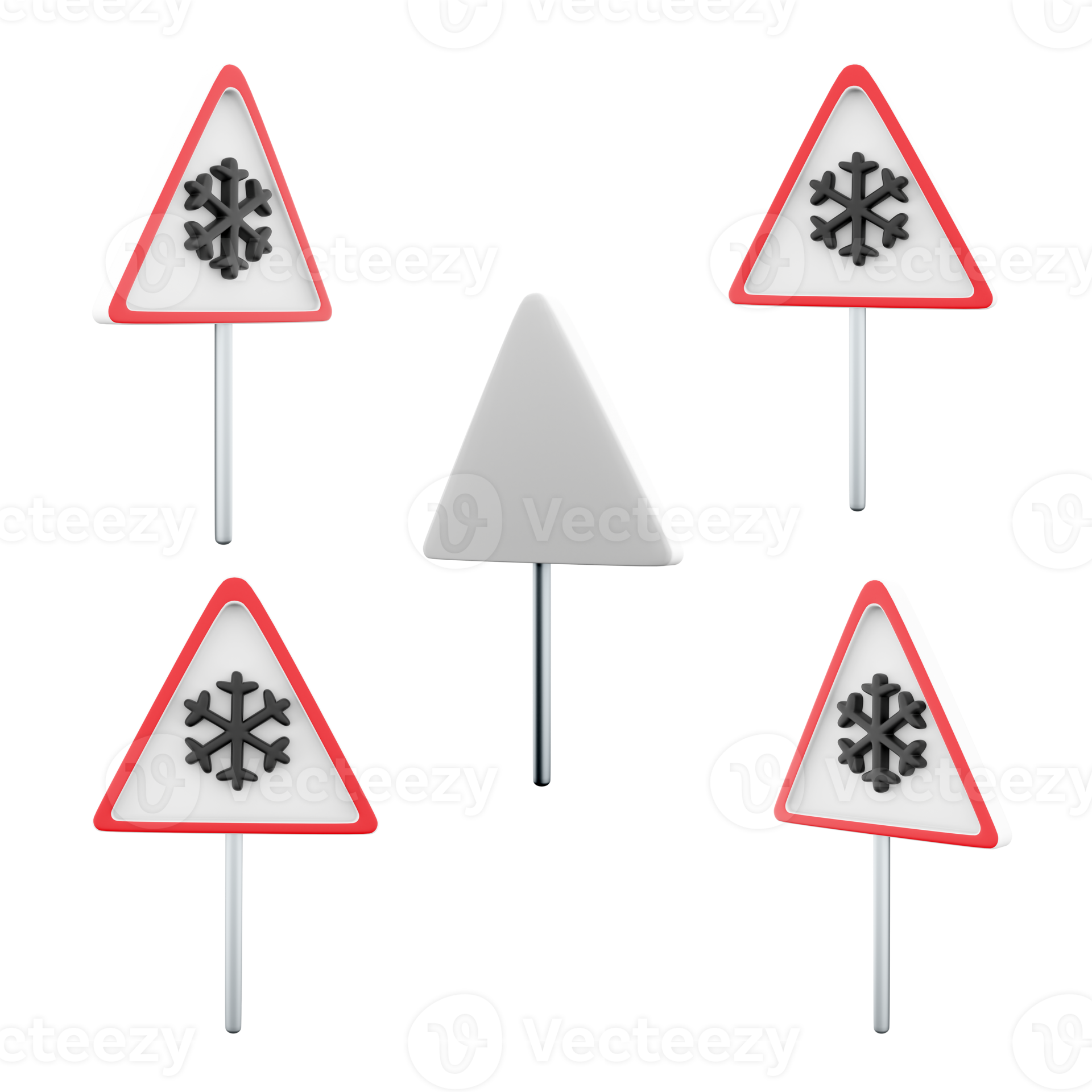 3d rendering danger slippery pavement due to ice or snow different positions icon set. 3d render ...