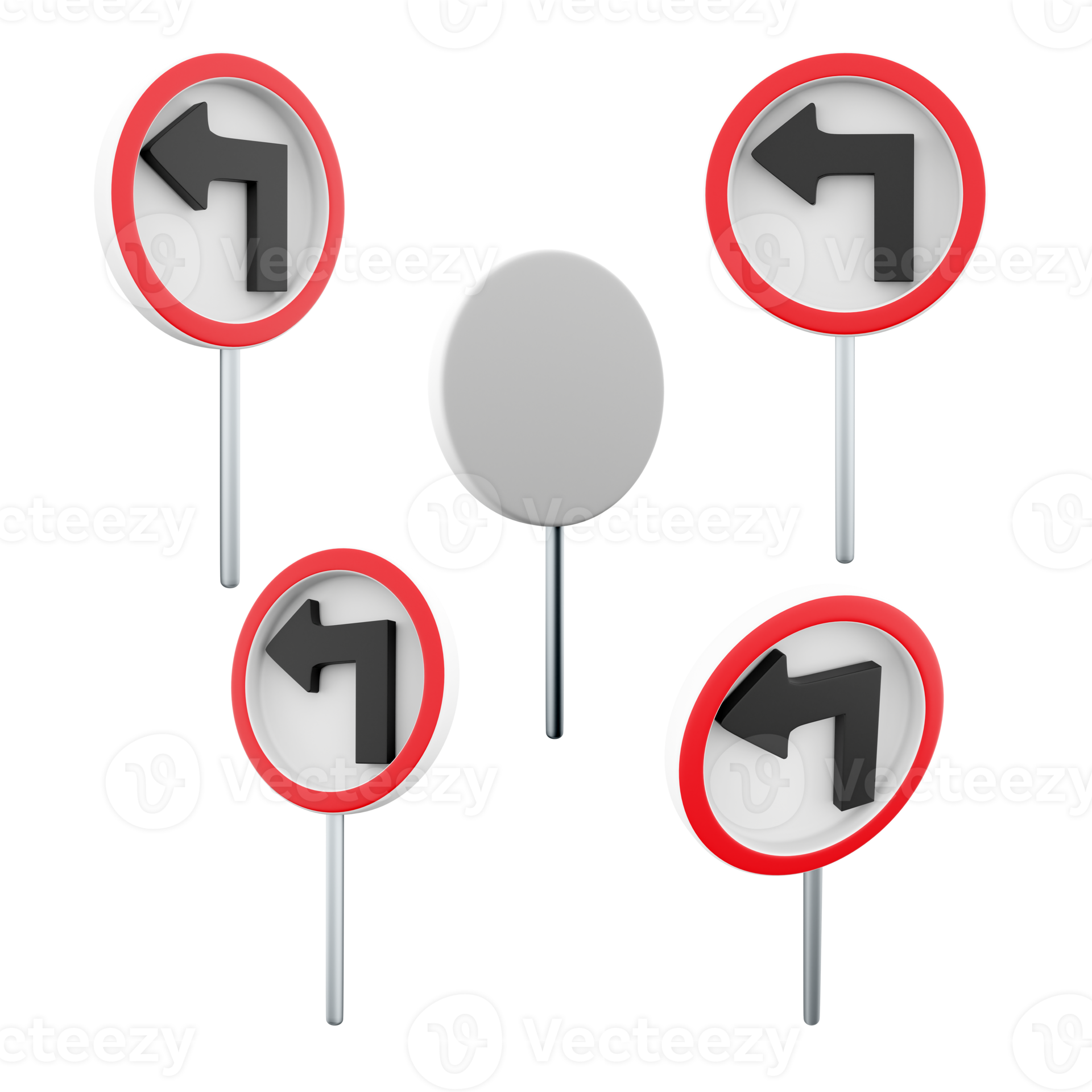 3d rendering Turn left road sign different positions icon set. 3d render road sign concept icon ...