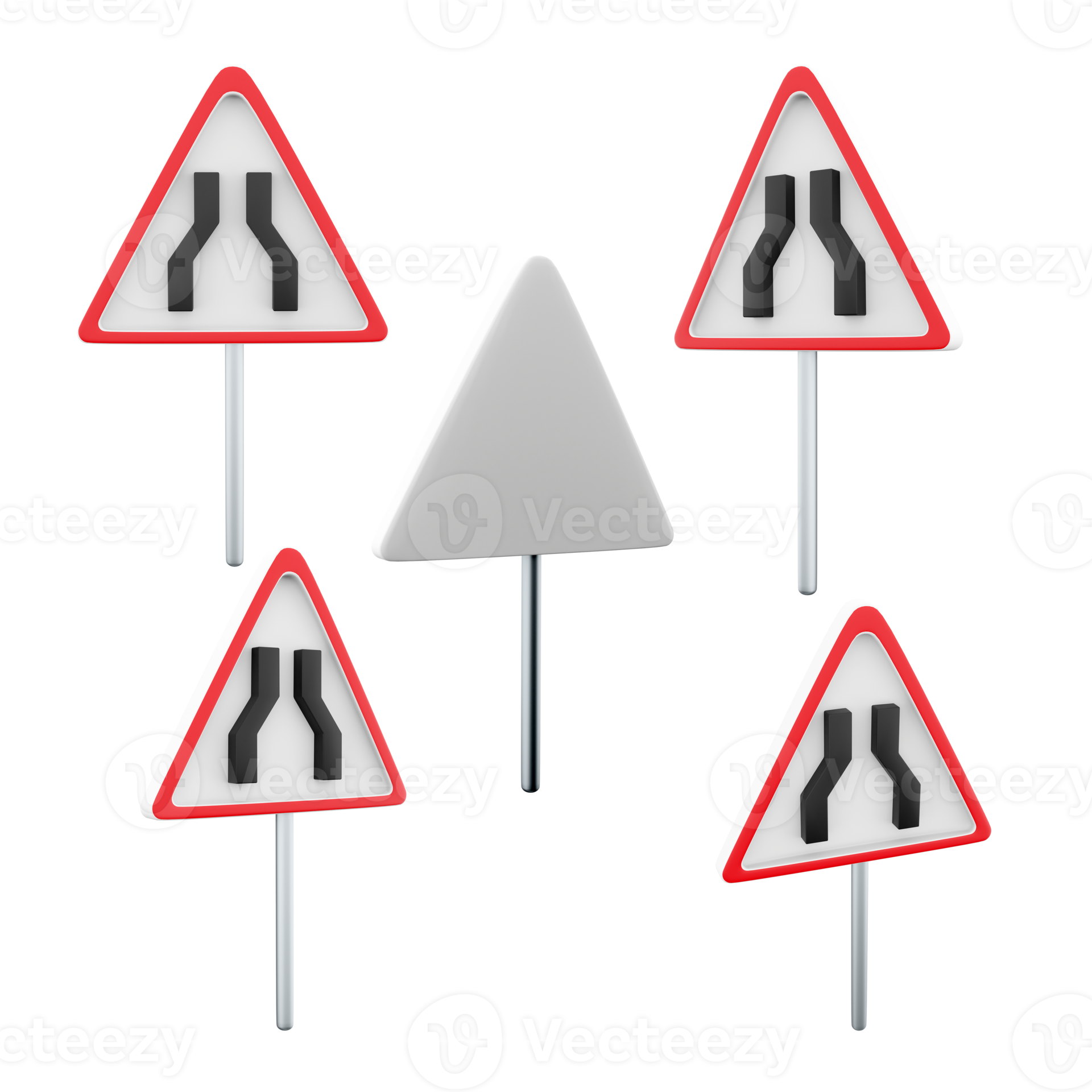 3d rendering Road narrows road sign different positions icon set. 3d render road sign concept ...