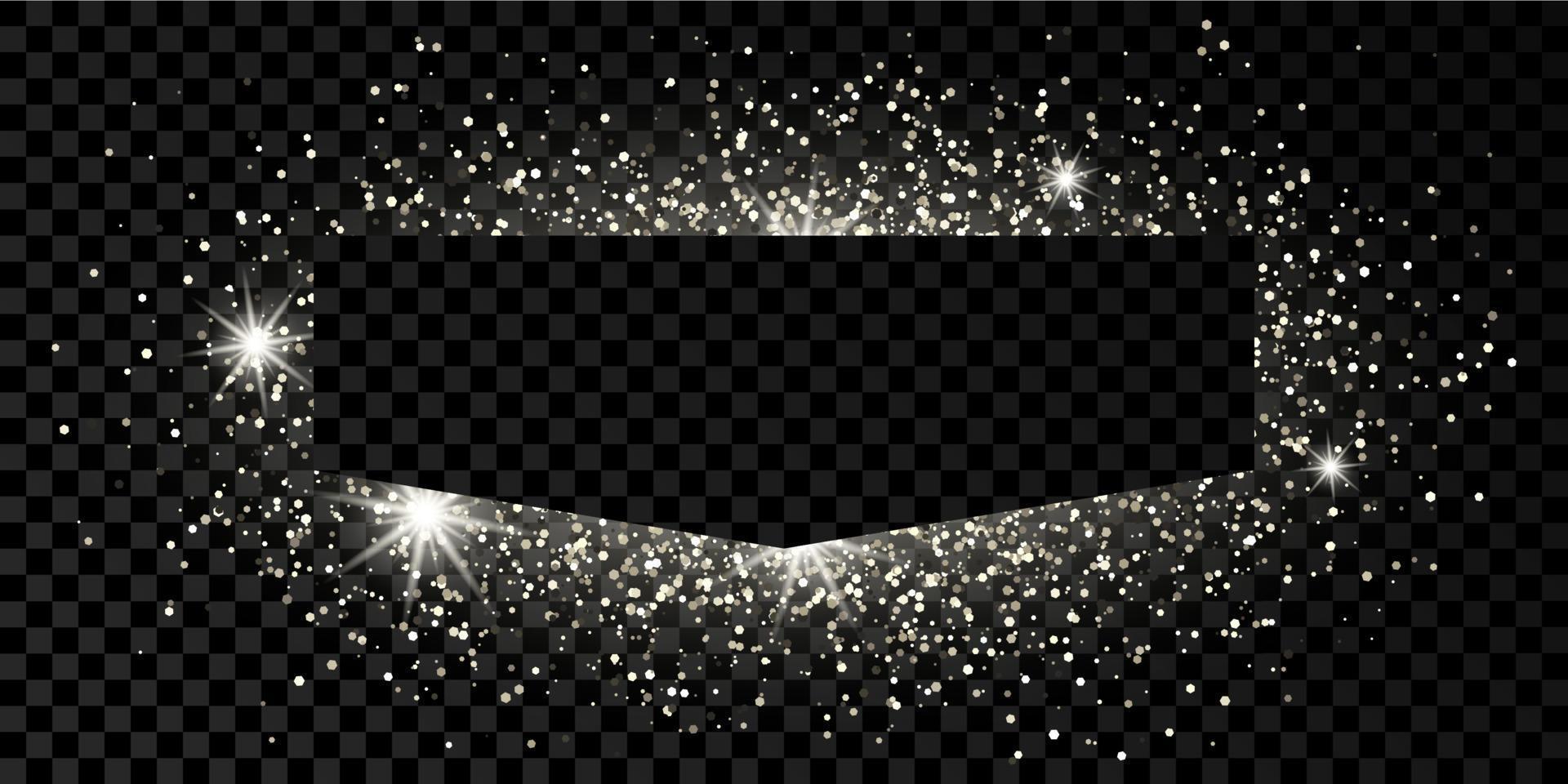 Silver frame with glitter, sparkles and flares on dark background. Empty luxury backdrop. Vector ...