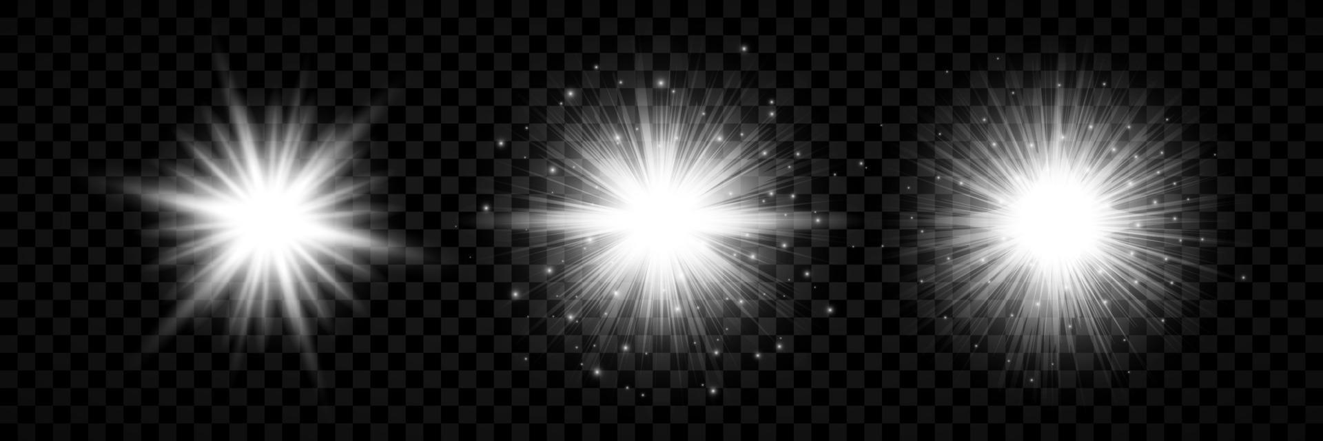Light effect of lens flares. Set of three white glowing lights starburst effects with sparkles ...
