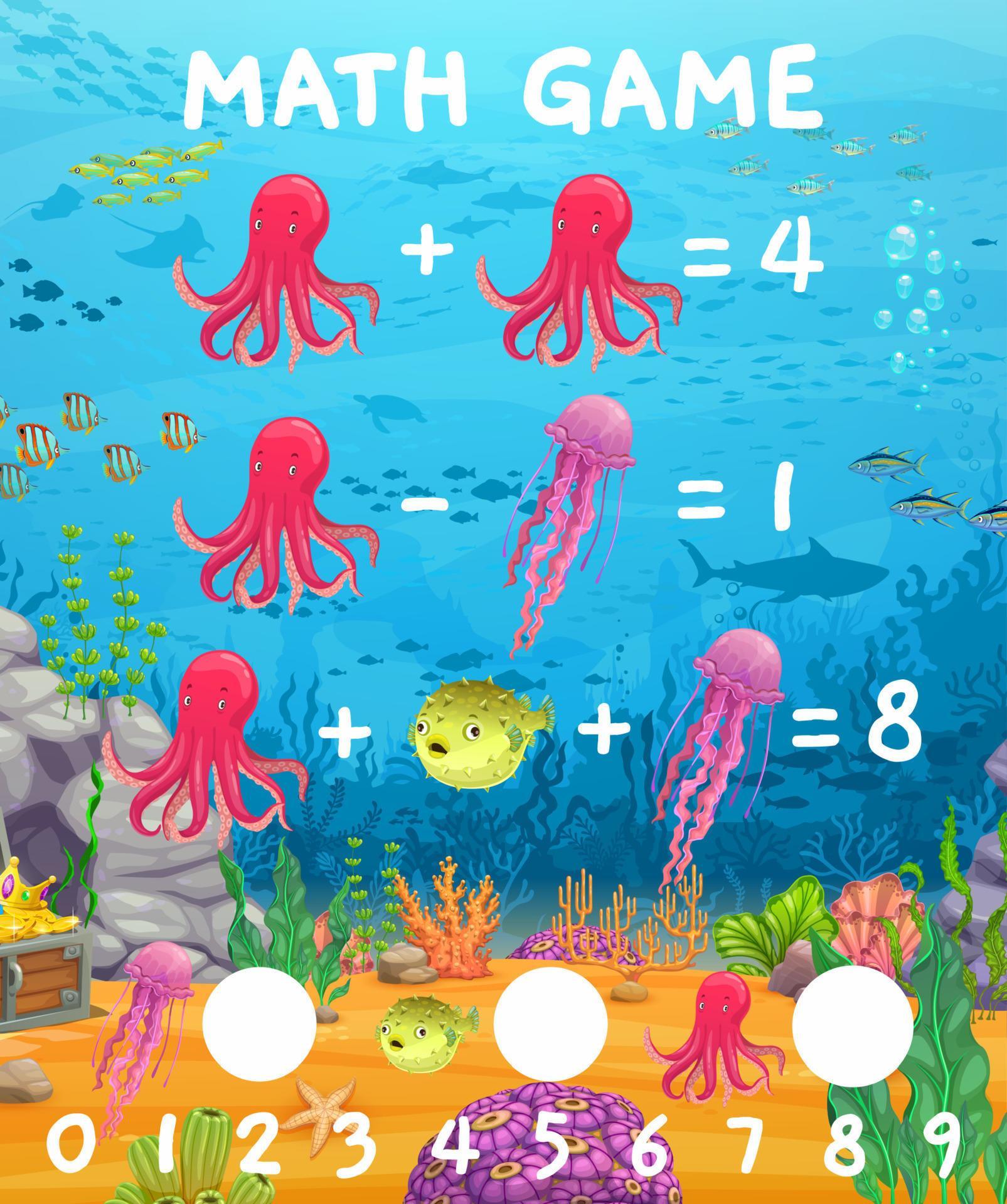 Math game worksheet cartoon sea animals and fish 22794783 Vector Art at ...