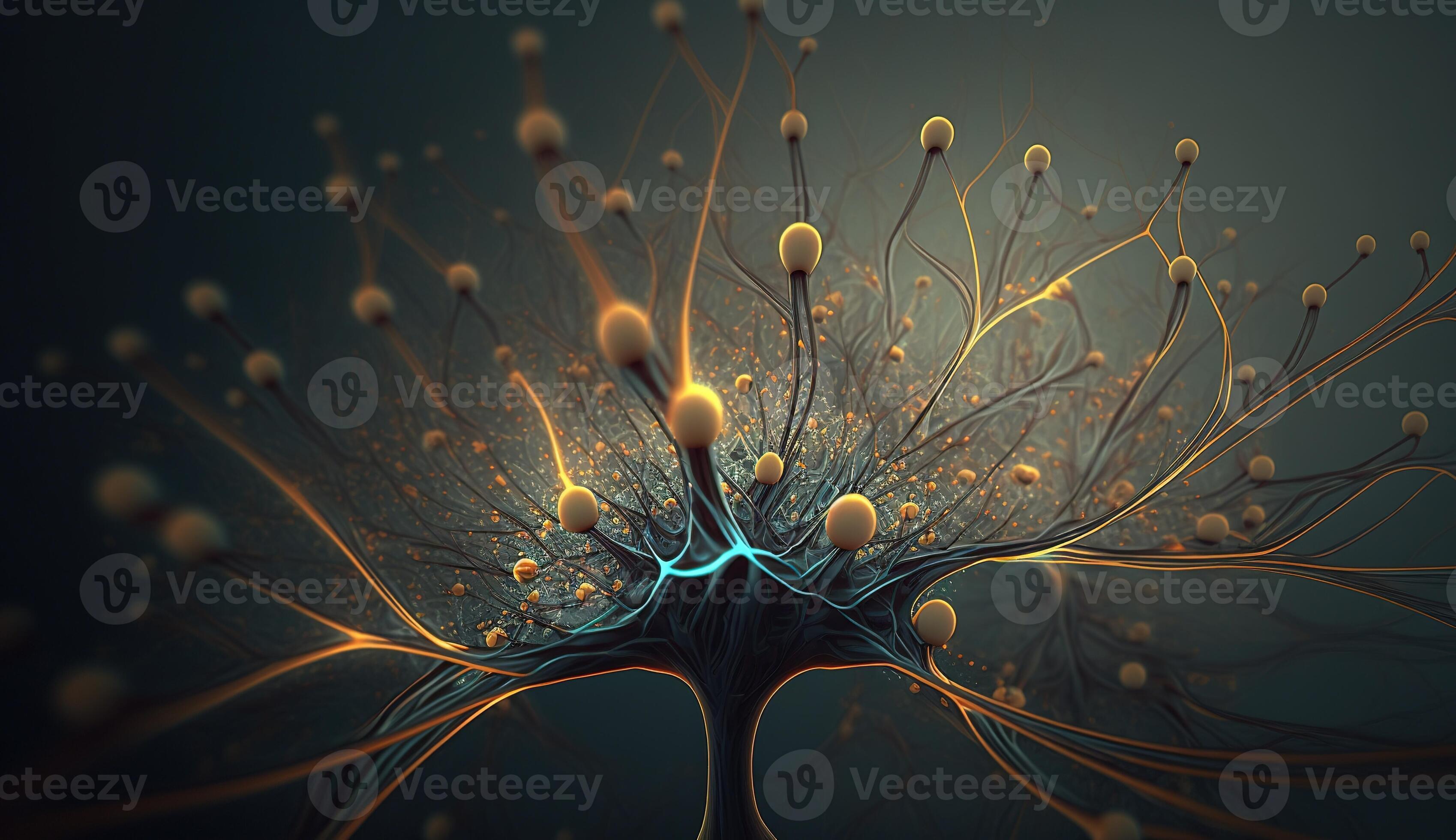 , Conceptual illustration of neuron cells with glowing link knots in abstract dark space, high ...