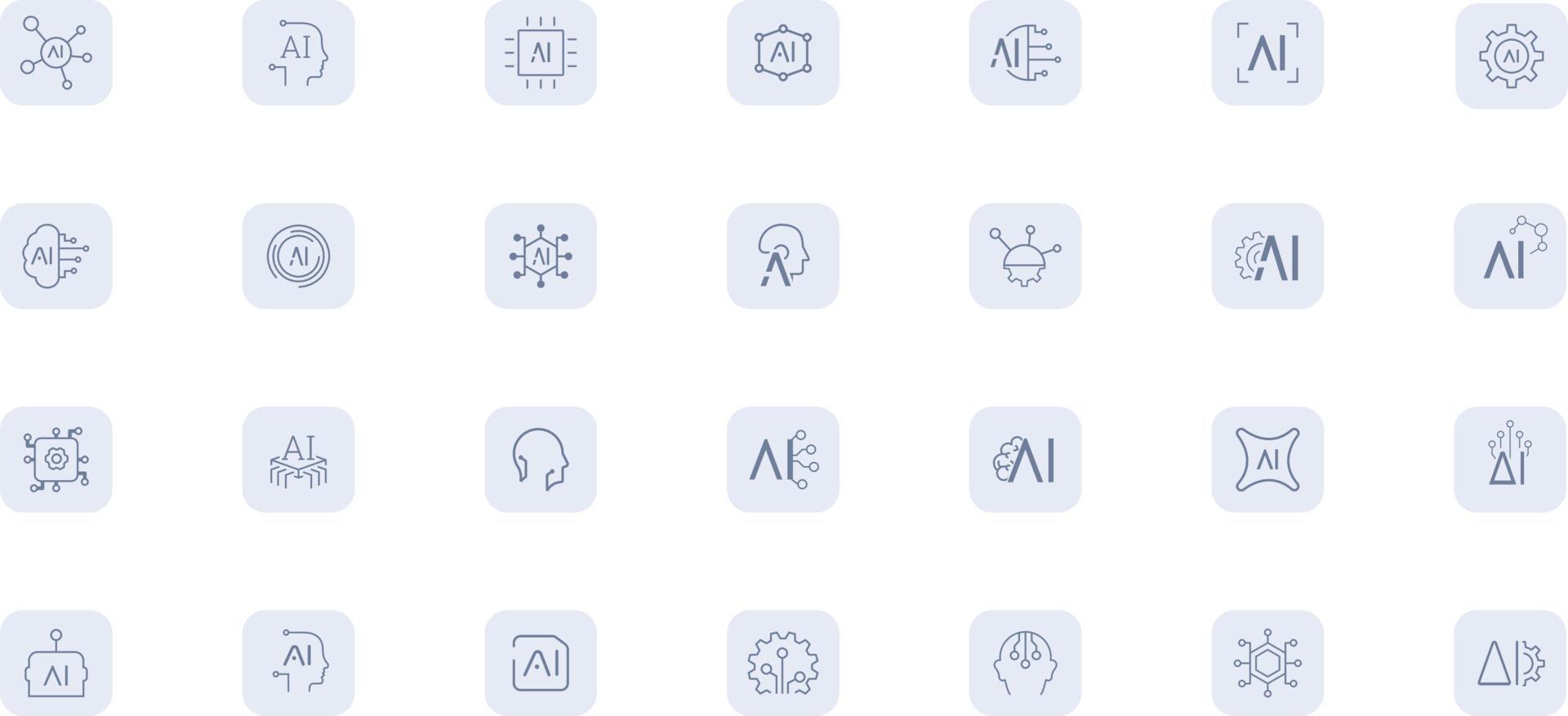 AI Artificial Intelligence icon set inline style, machine learning ...