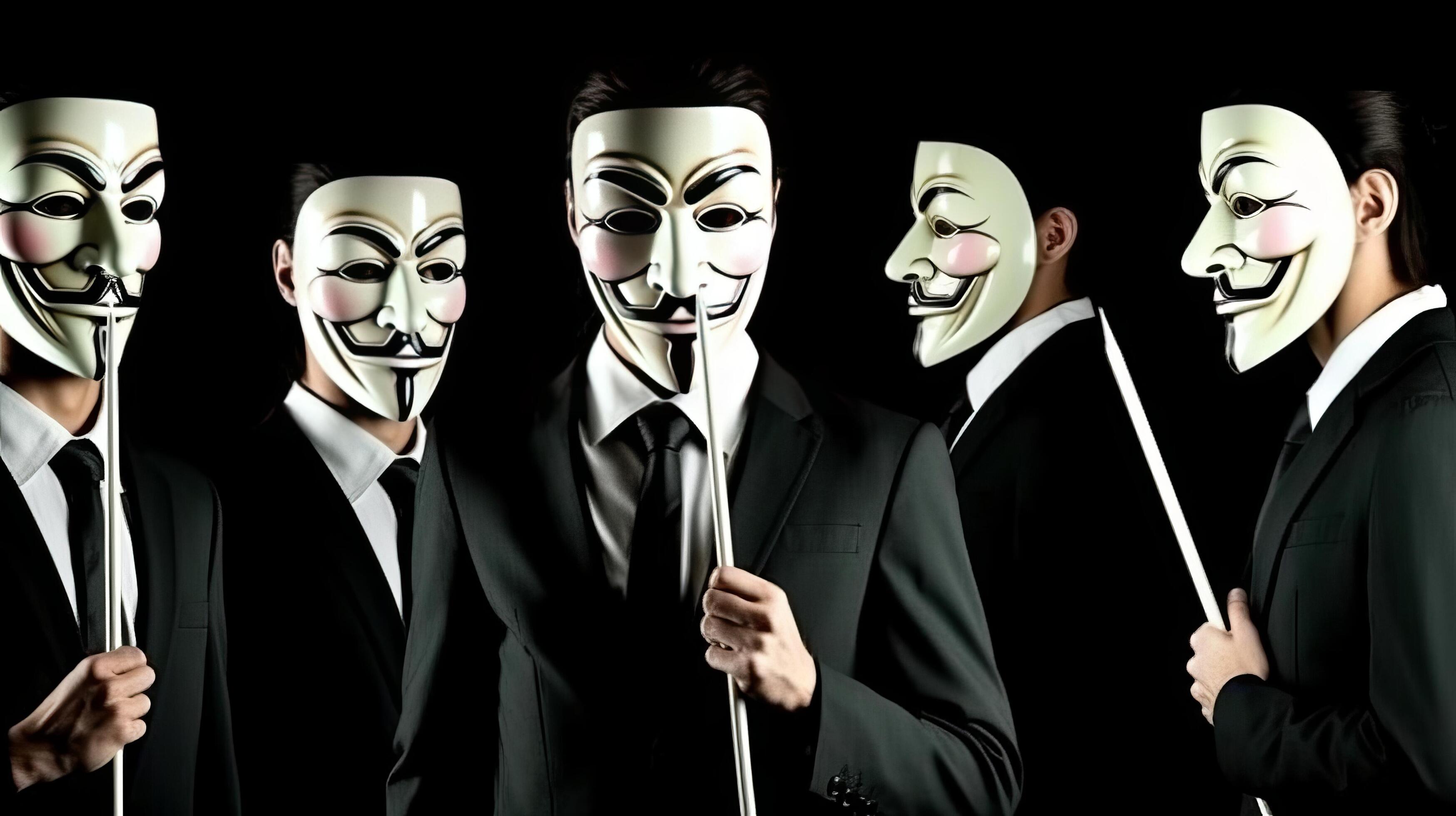 Five anonymous hackers in black suit 22798029 Stock Photo at Vecteezy