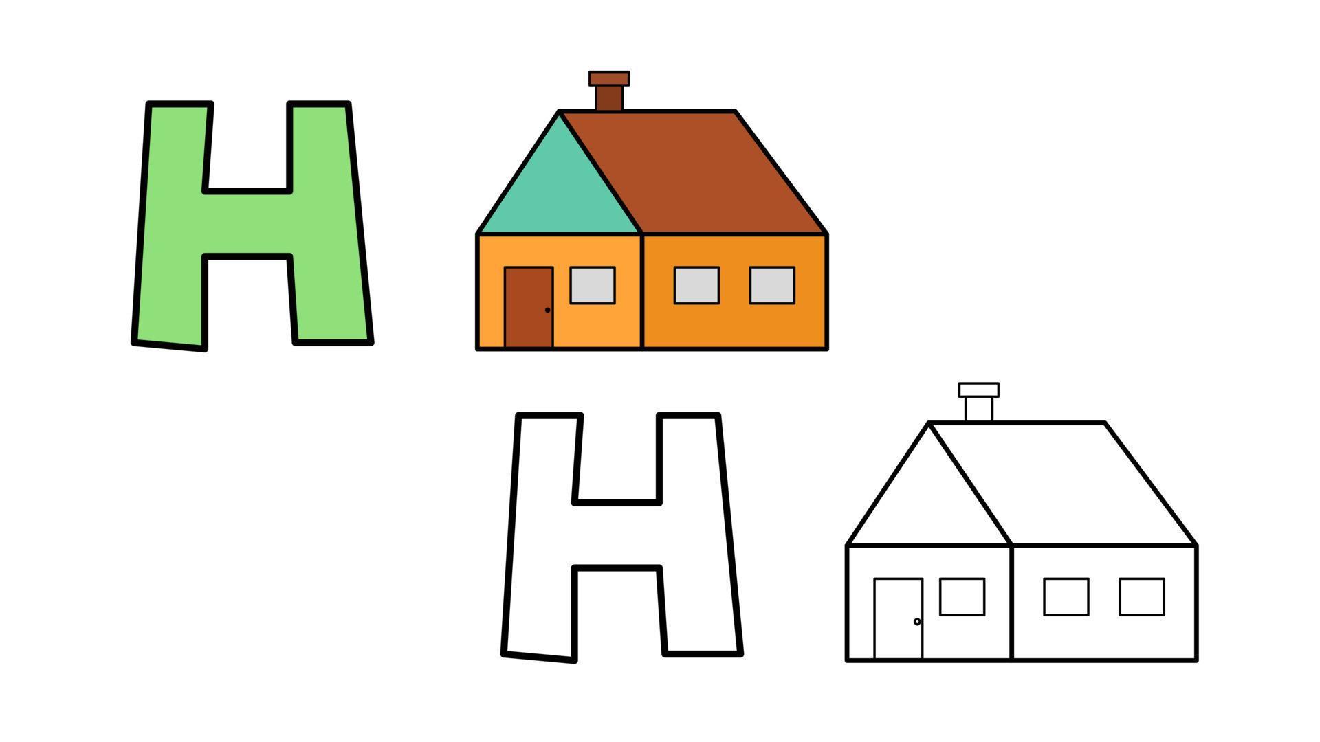 Cartoon House and letter H coloring book vector illustration for ...