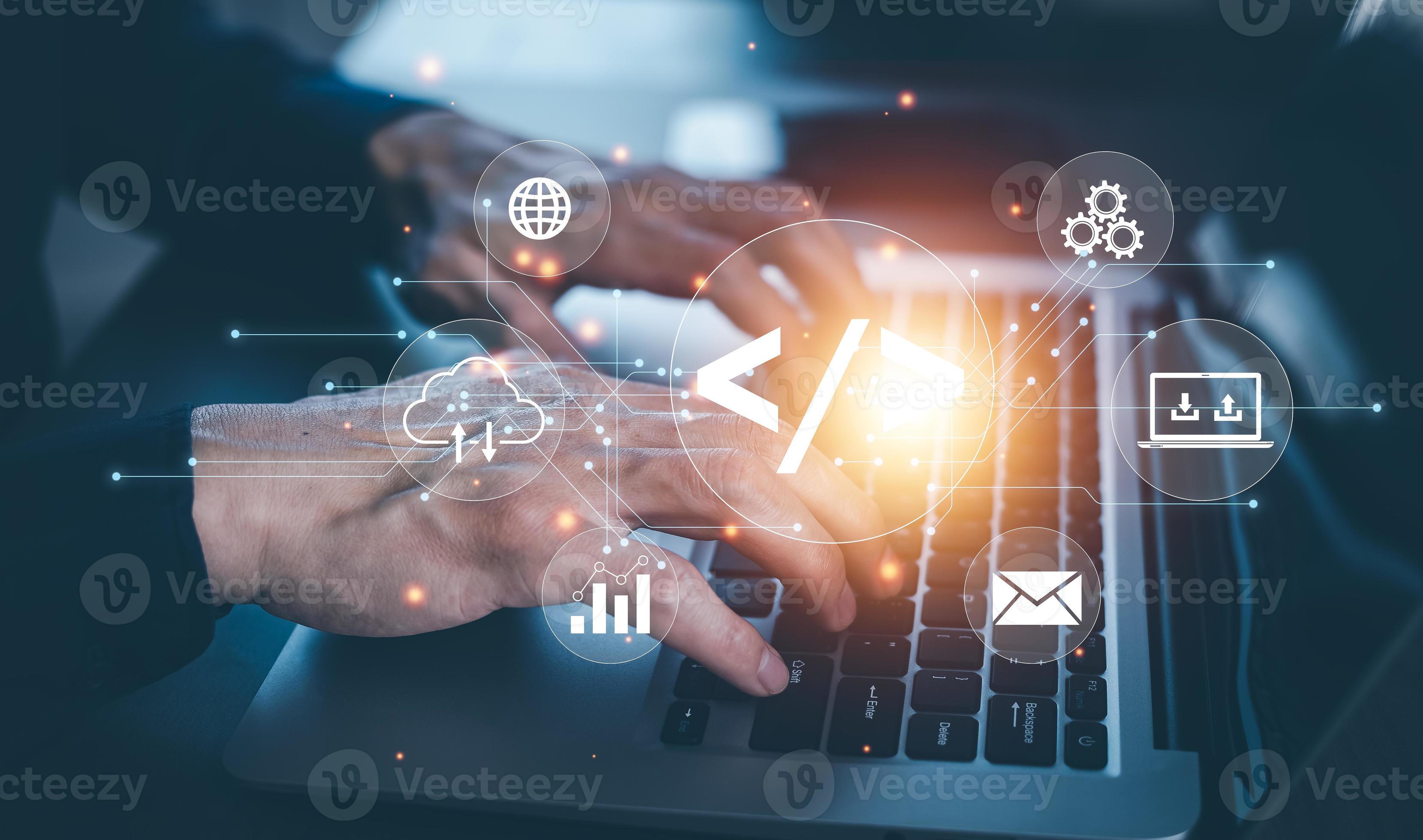 Business people using laptops with Code html and programming on screen ...