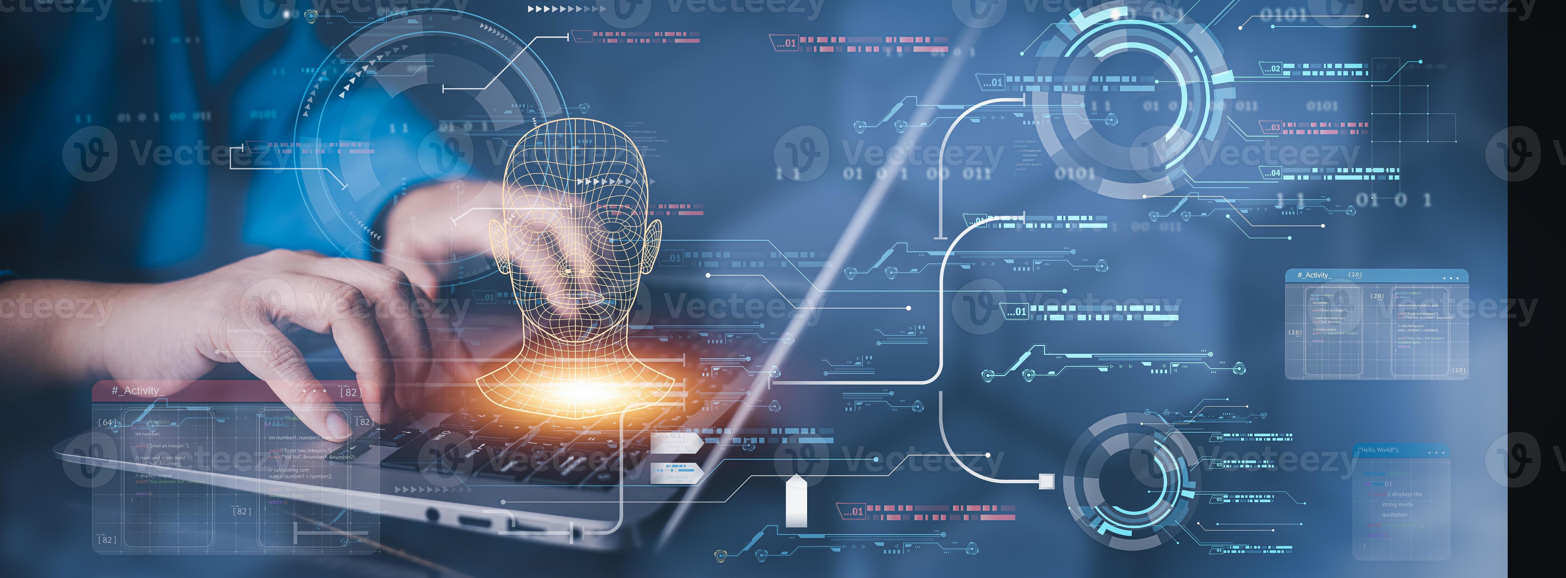 Programmer people working laptops or smartphones with AI, artificial intelligence software ...