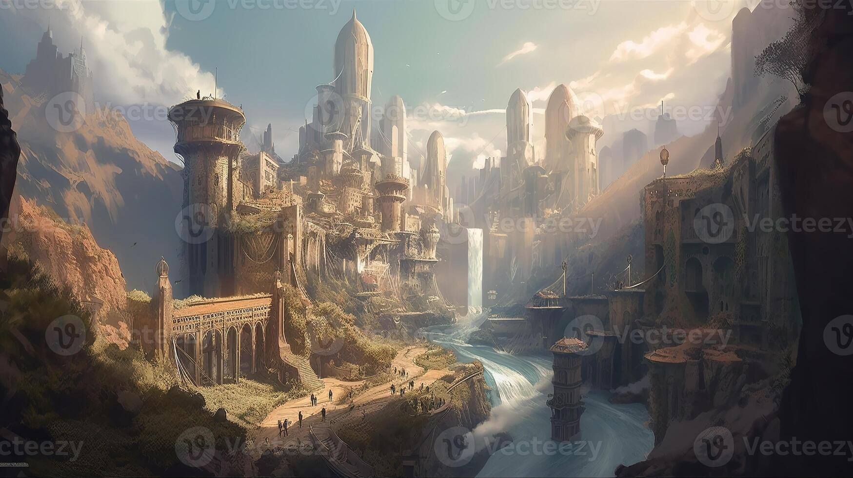 City Fantasy Backdrop Concept Art Realistic Illustration Background ...
