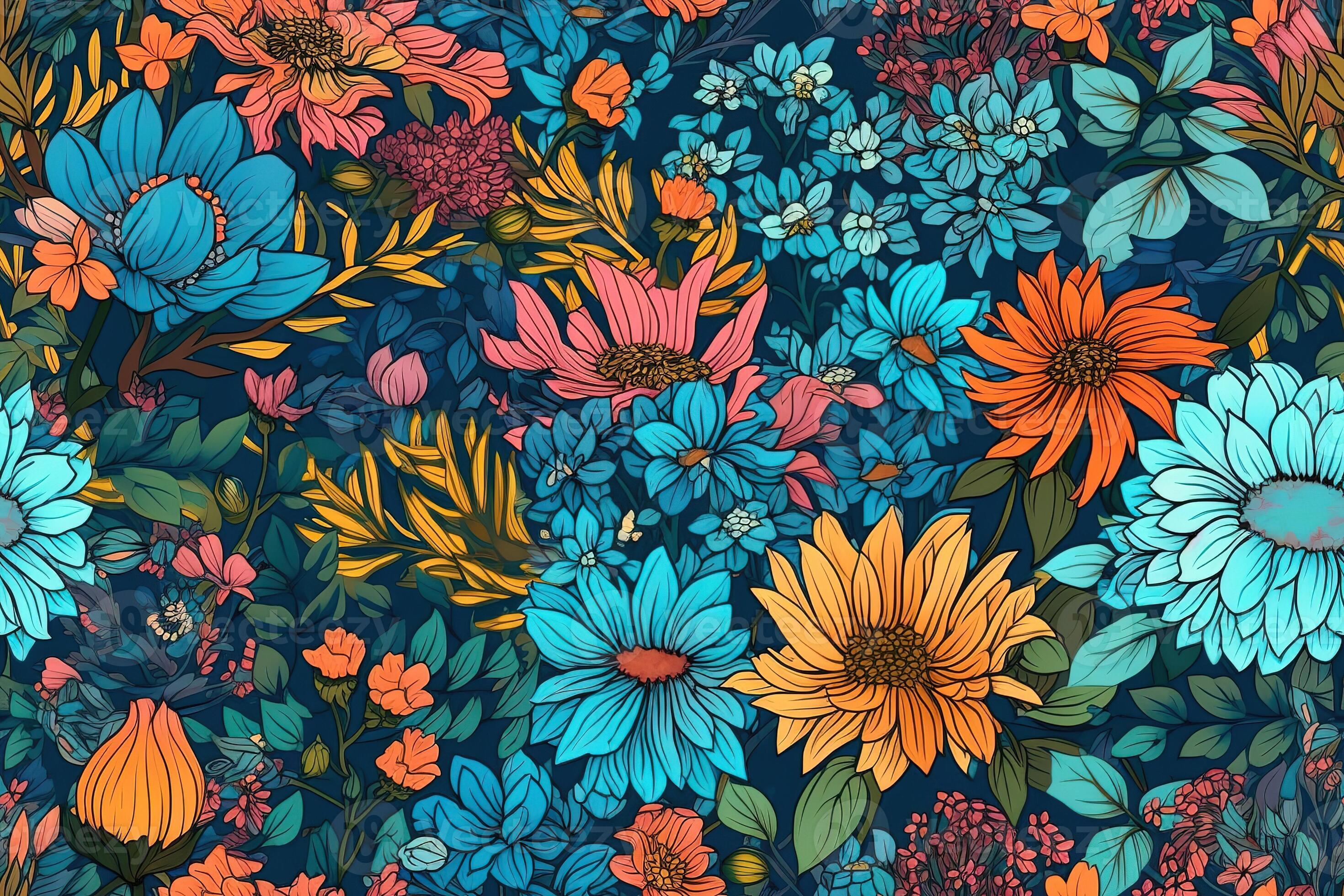 Vibrant Blue Flowers Illustration Seamless Pattern with 22807007 Stock ...