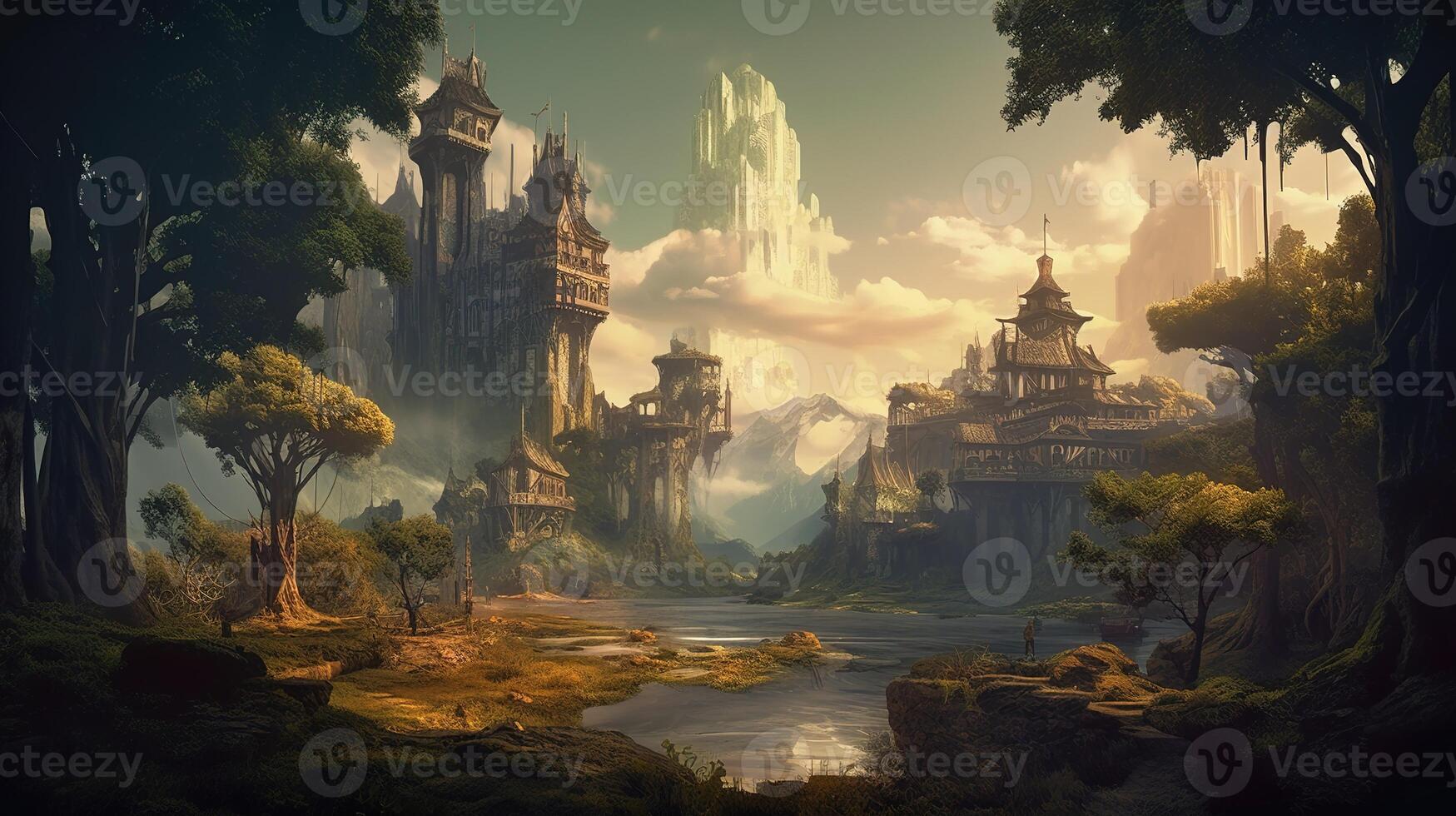 City Fantasy Backdrop Concept Art Realistic Illustration Background ...
