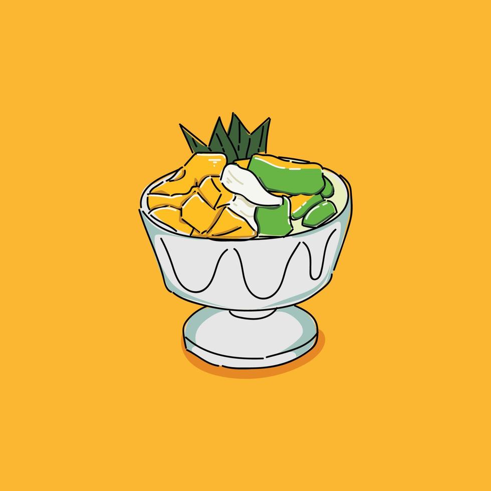 Es Teler Illustration Bowl Of Ice Cube Avocado Jackfruit And Coconut Soup And Pandan Leaf