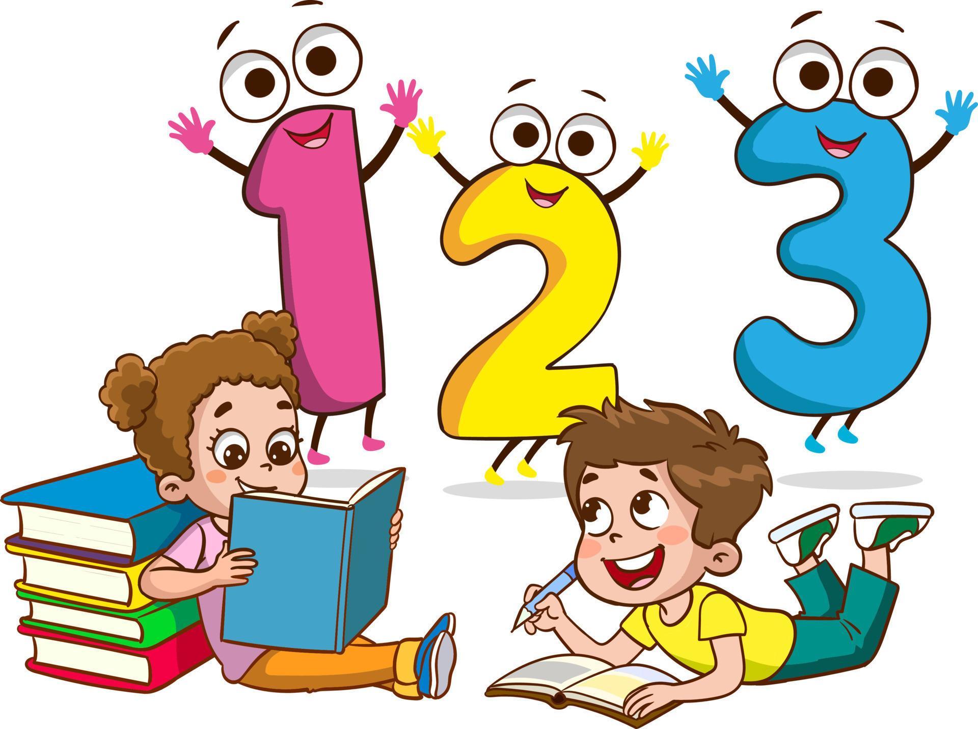 vector illustration of kids learning math with colorful numbers.Concept ...