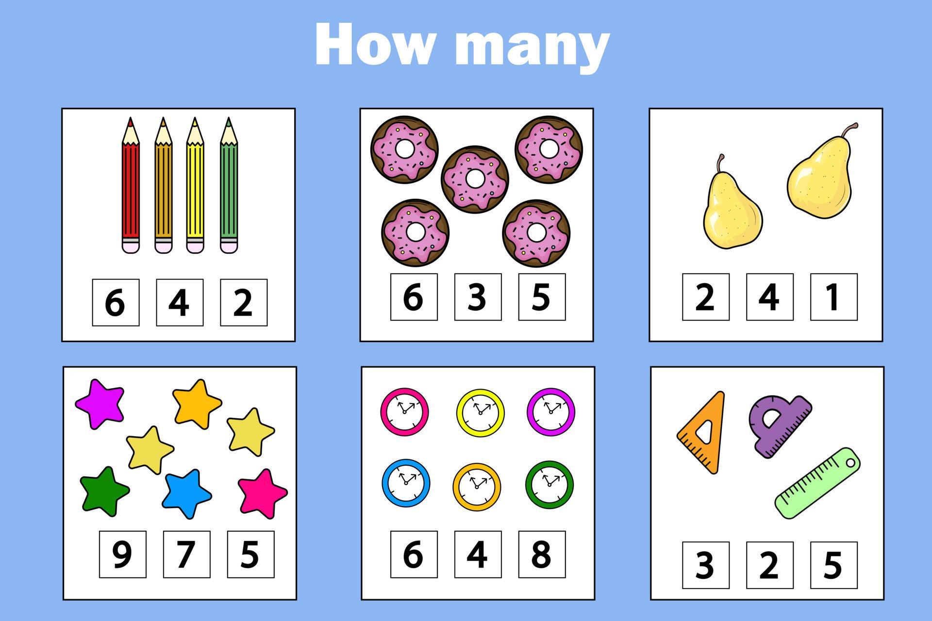 Counting educational children game, math kids activity sheet. How many objects task. Learning ...