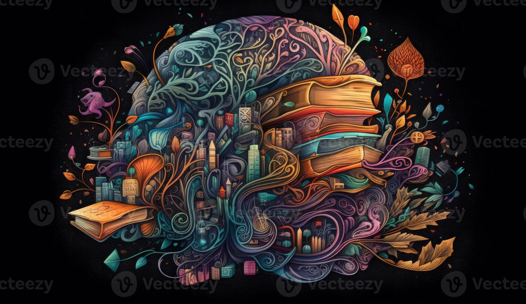 Brain With Colorful Gears And Books On Dark Background Representing