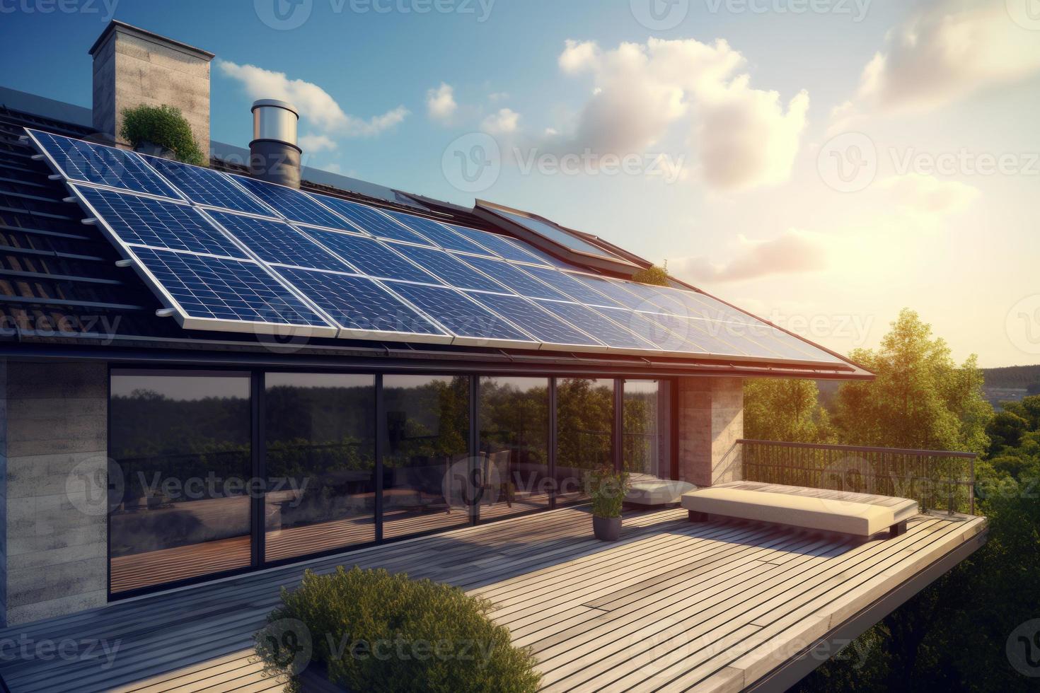 Photorealistic Solar Panels Installed on the Roof of a Modern House, Emphasizing the Use of ...