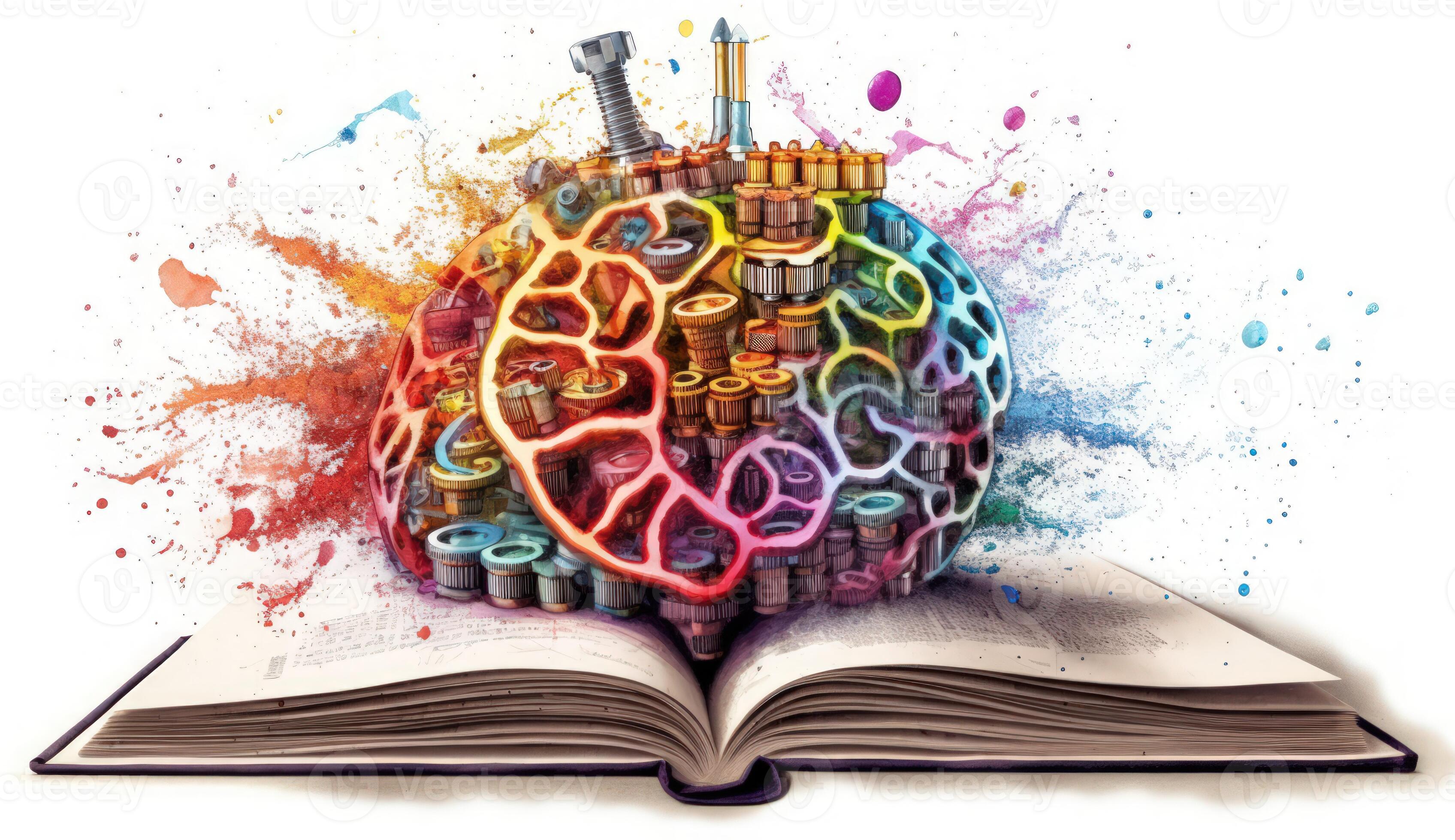 Brain with Colorful Gears and Books on white Background, Representing ... Brain with Colorful Gears and Books on white Background, Representing ...