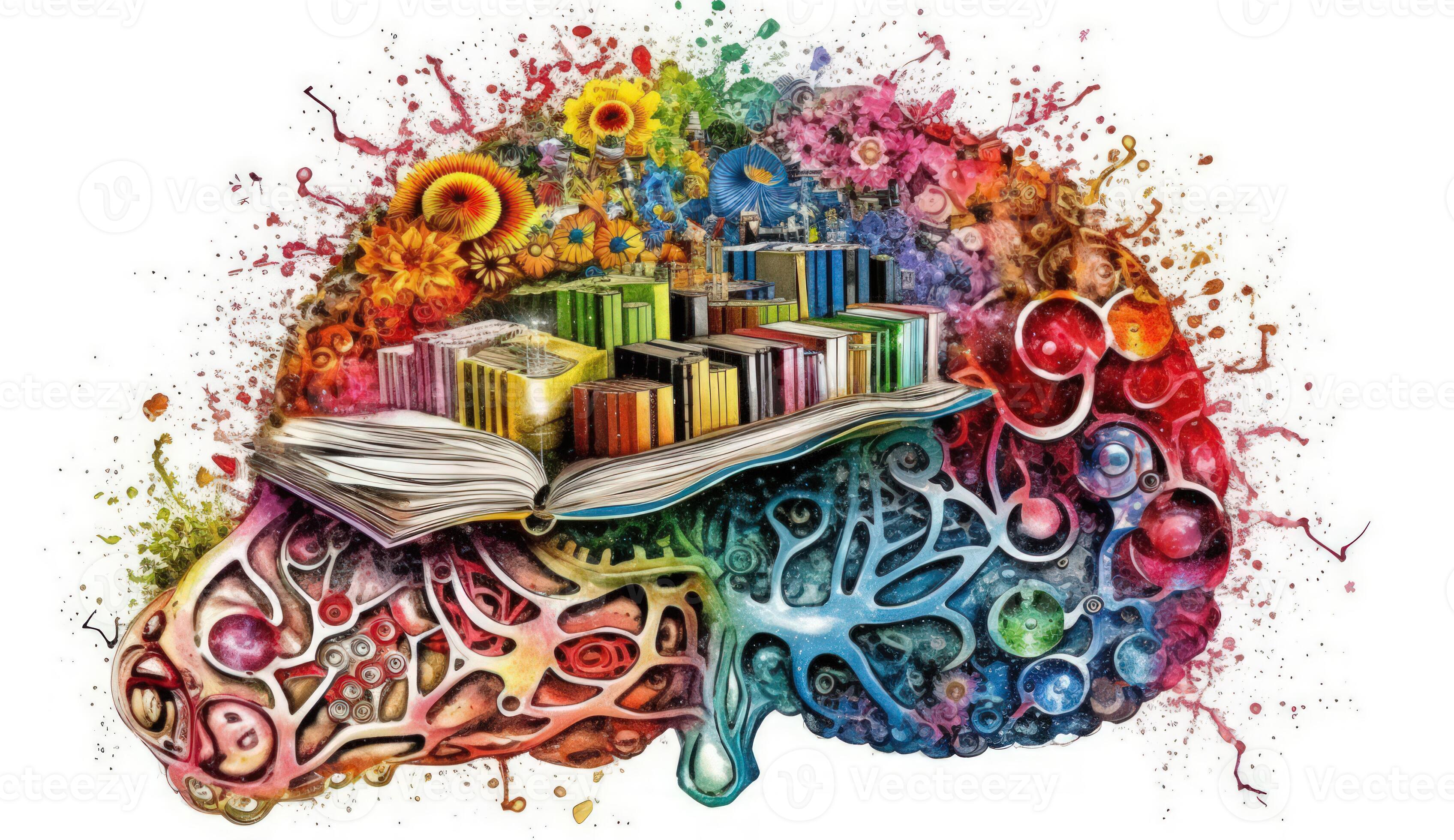 Brain with Colorful Gears and Books on white Background, Representing ...