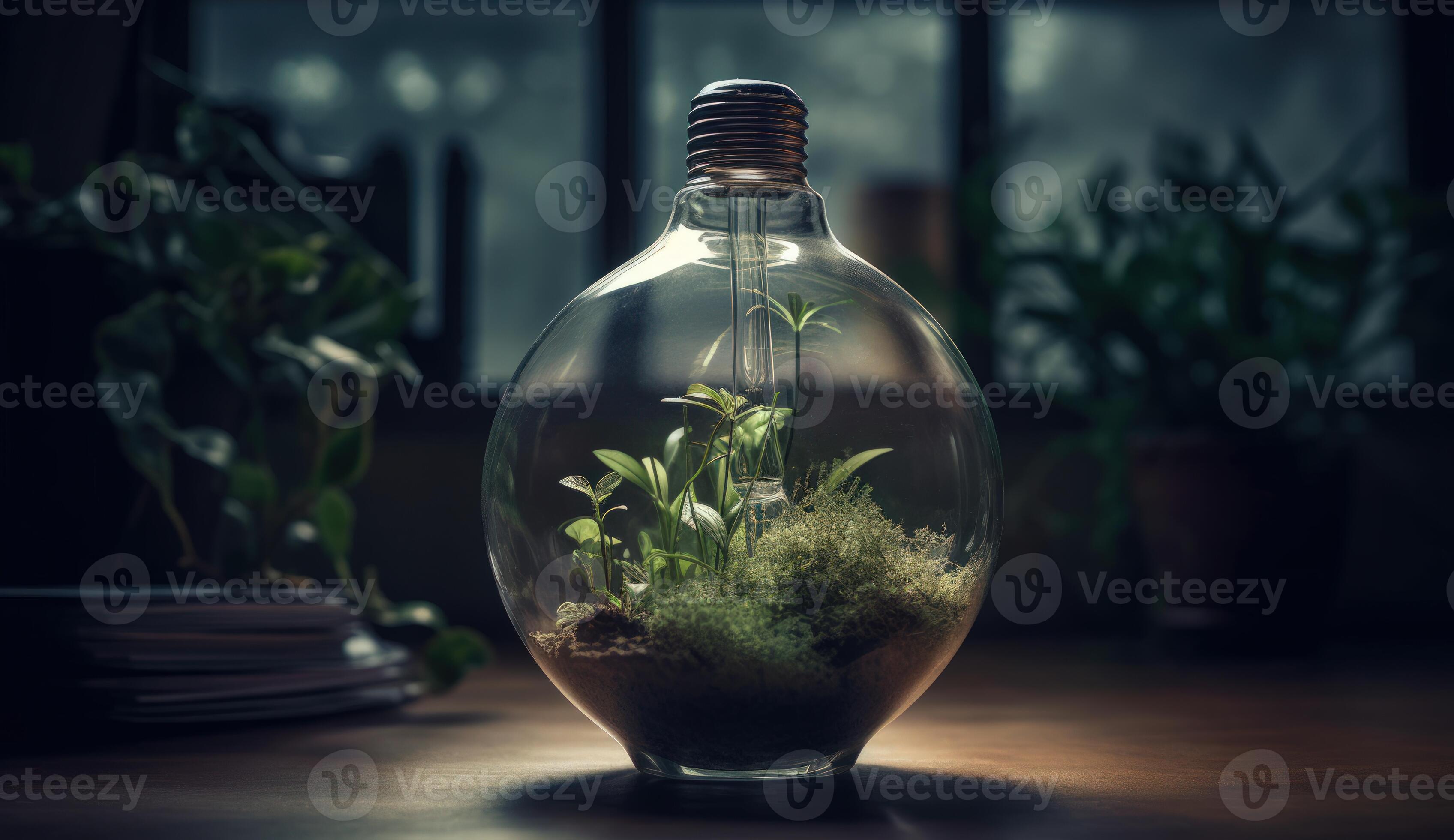 Glowing Incandescent Light Bulb with Green Plant Inside, Symbolizing Eco Friendly Innovation and ...
