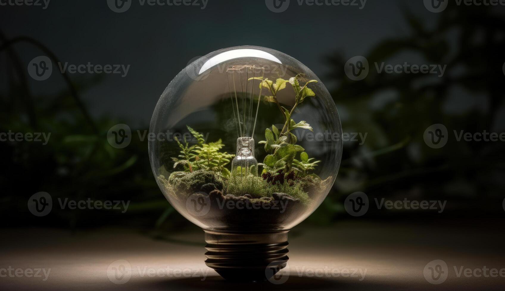 Glowing Incandescent Light Bulb with Green Plant Inside, Symbolizing Eco Friendly Innovation and ...