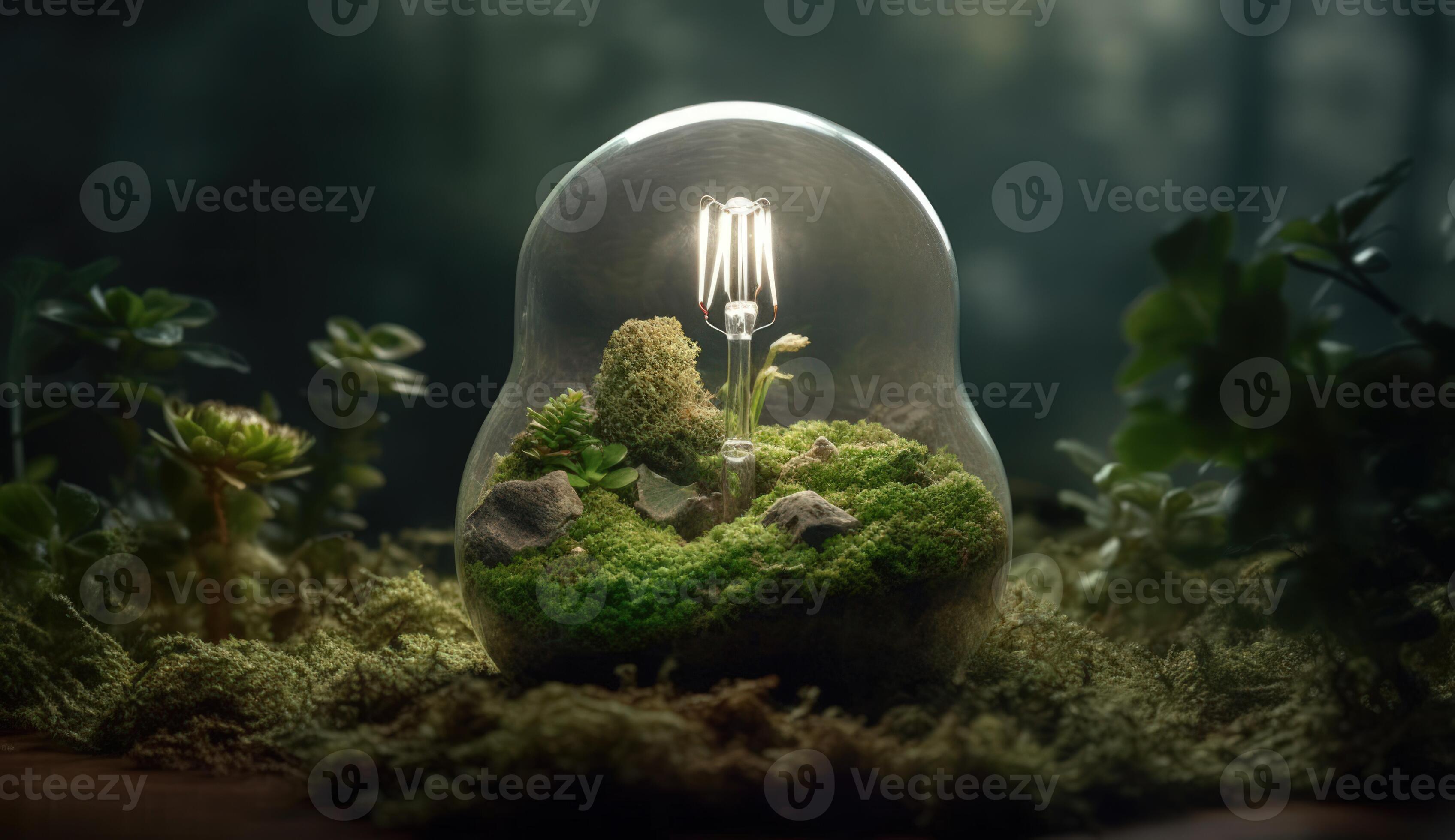 Glowing Incandescent Light Bulb with Green Plant Inside, Symbolizing Eco Friendly Innovation and ...