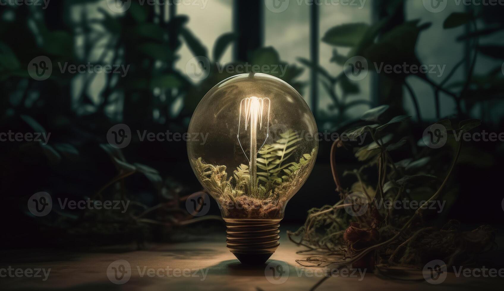 Glowing Incandescent Light Bulb with Green Plant Inside, Symbolizing Eco Friendly Innovation and ...