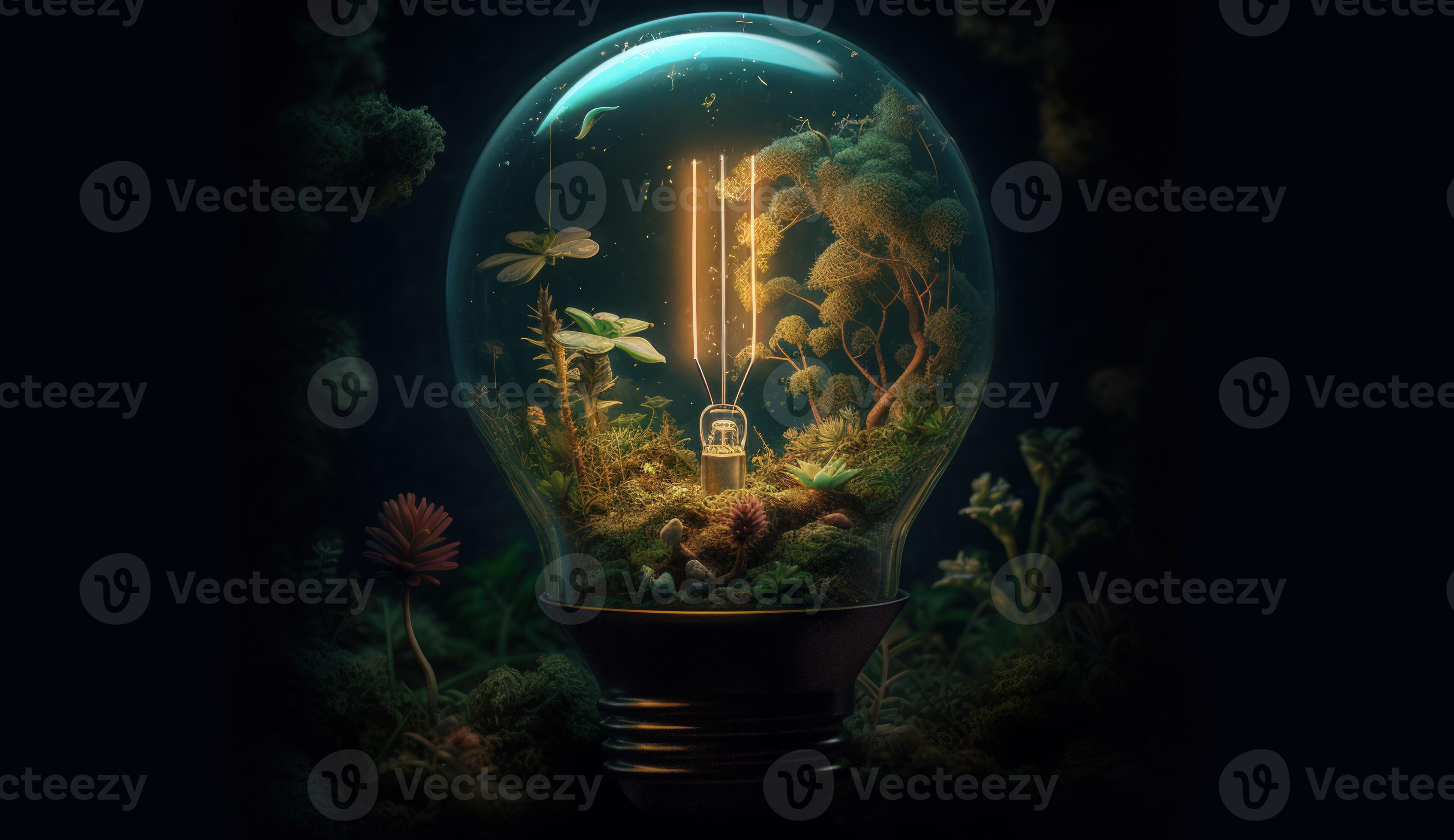 Glowing Incandescent Light Bulb with Green Plant Inside, Symbolizing Eco Friendly Innovation and ...