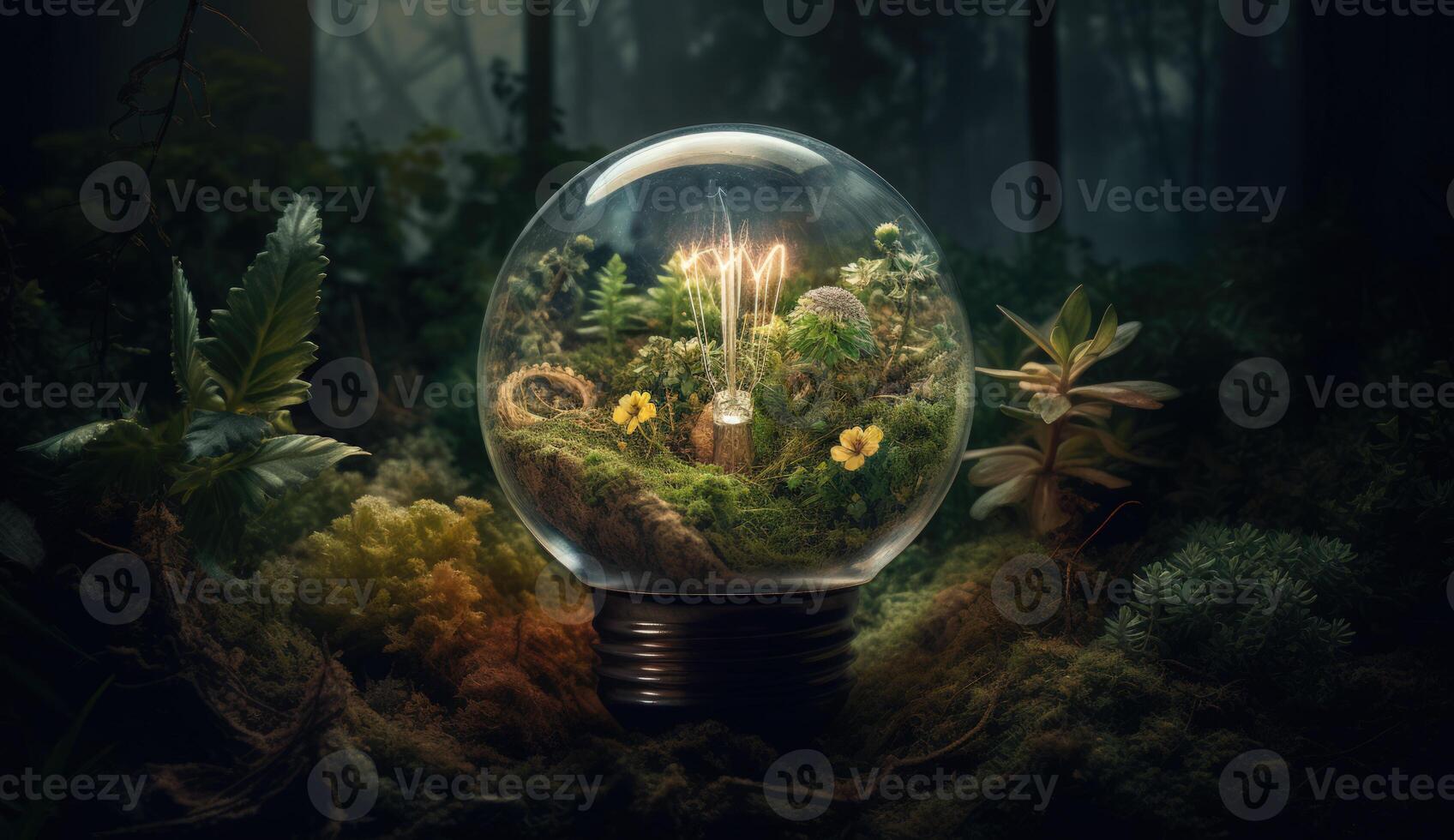 Glowing Incandescent Light Bulb with Green Plant Inside, Symbolizing Eco Friendly Innovation and ...