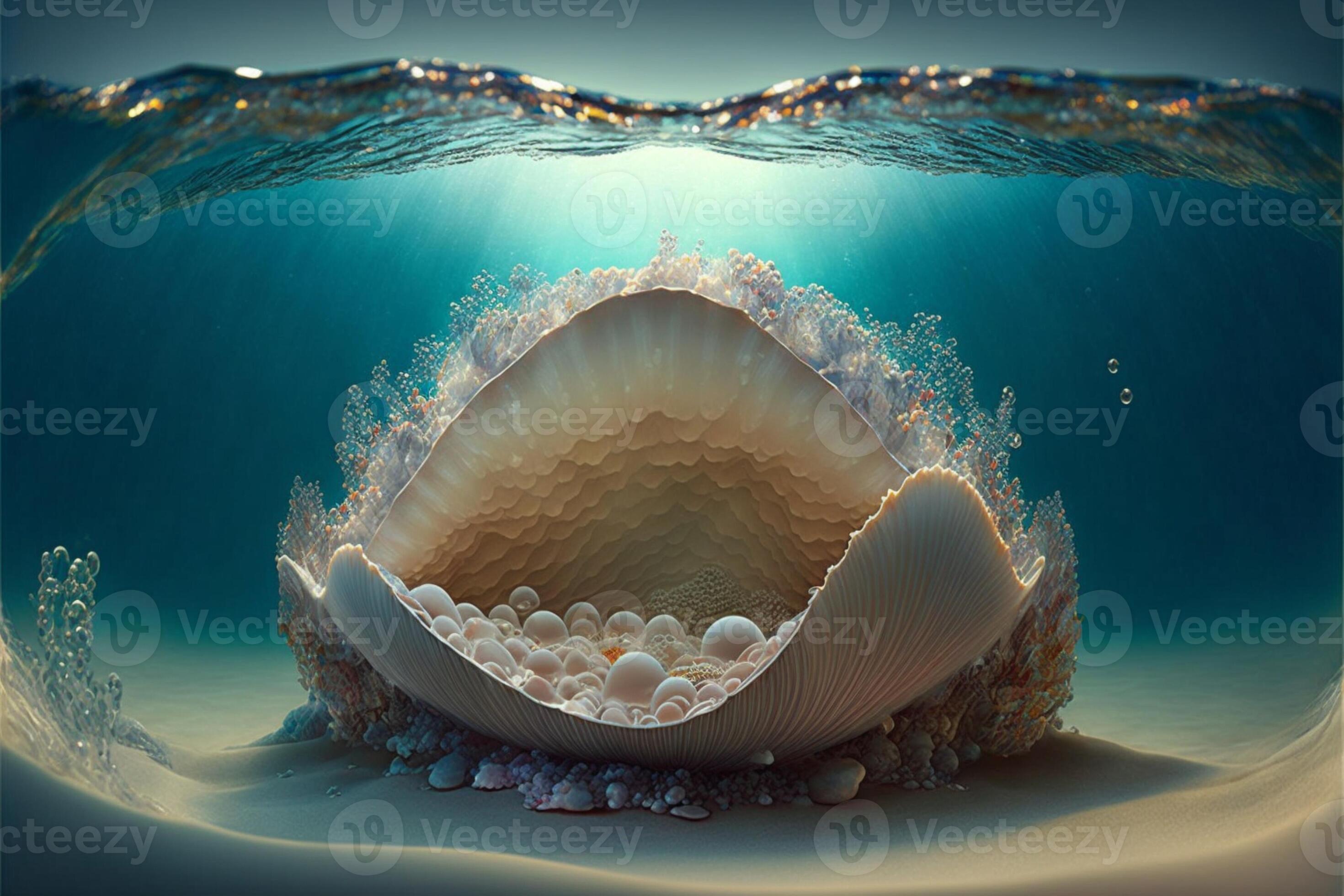 large open clam shell in middle with ocean background. Generative Ai ... large open clam shell in middle with ocean background. Generative Ai ...