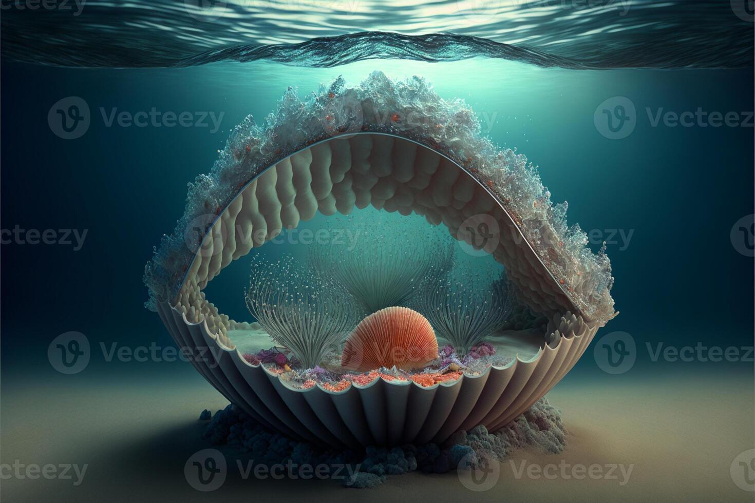 large open clam shell in middle with ocean background. Generative Ai ... large open clam shell in middle with ocean background. Generative Ai ...