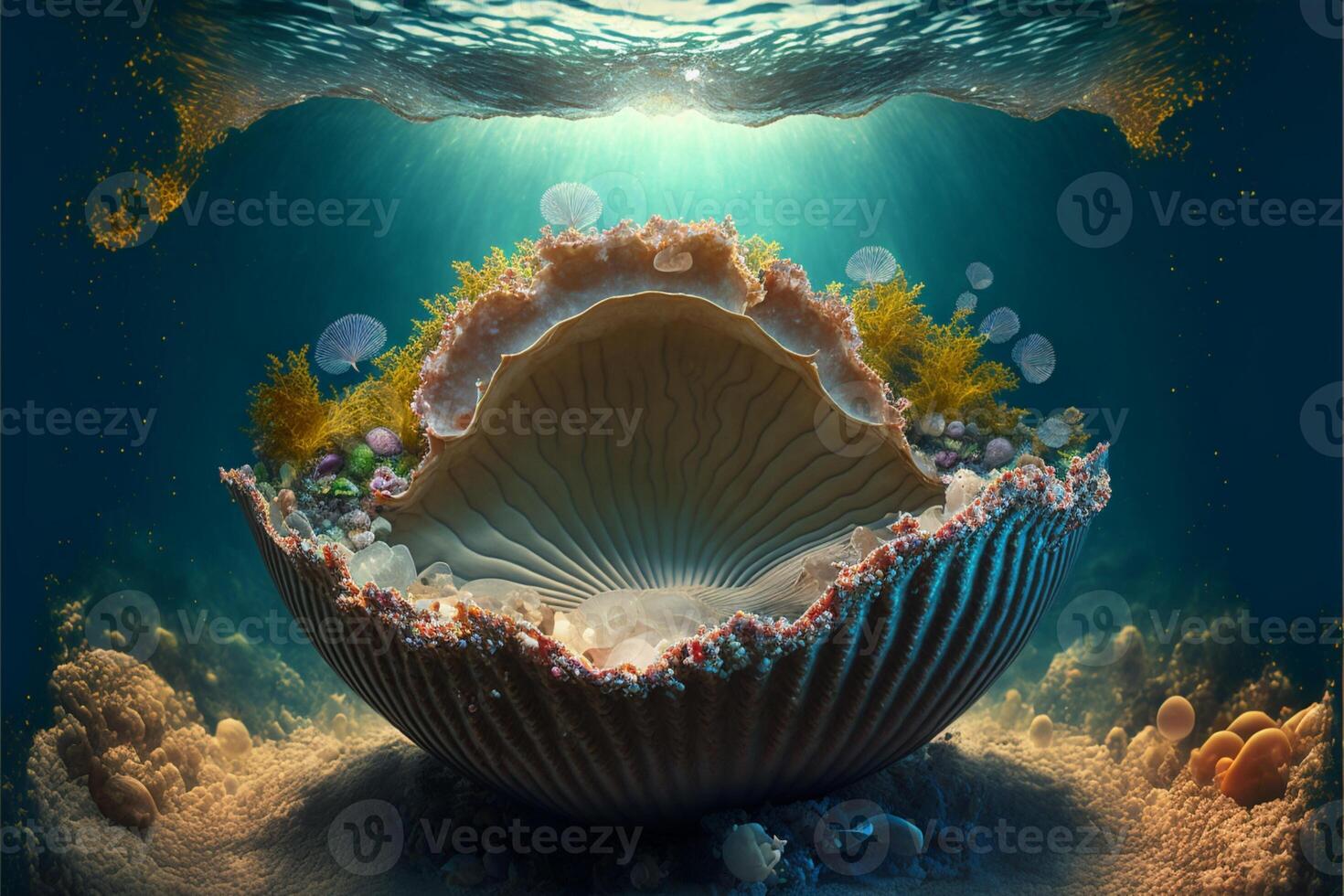 large open clam shell in middle with ocean background. Generative Ai ... large open clam shell in middle with ocean background. Generative Ai ...